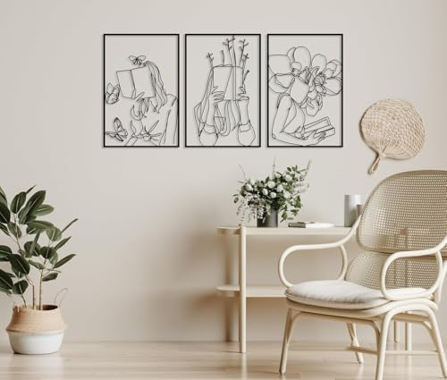 metal bookish women reading line art set of 3, line drawing abstract ...