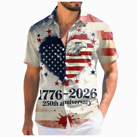mgoYE 250th Anniversary Shirt Button Short Sleeve American Flag Print ...