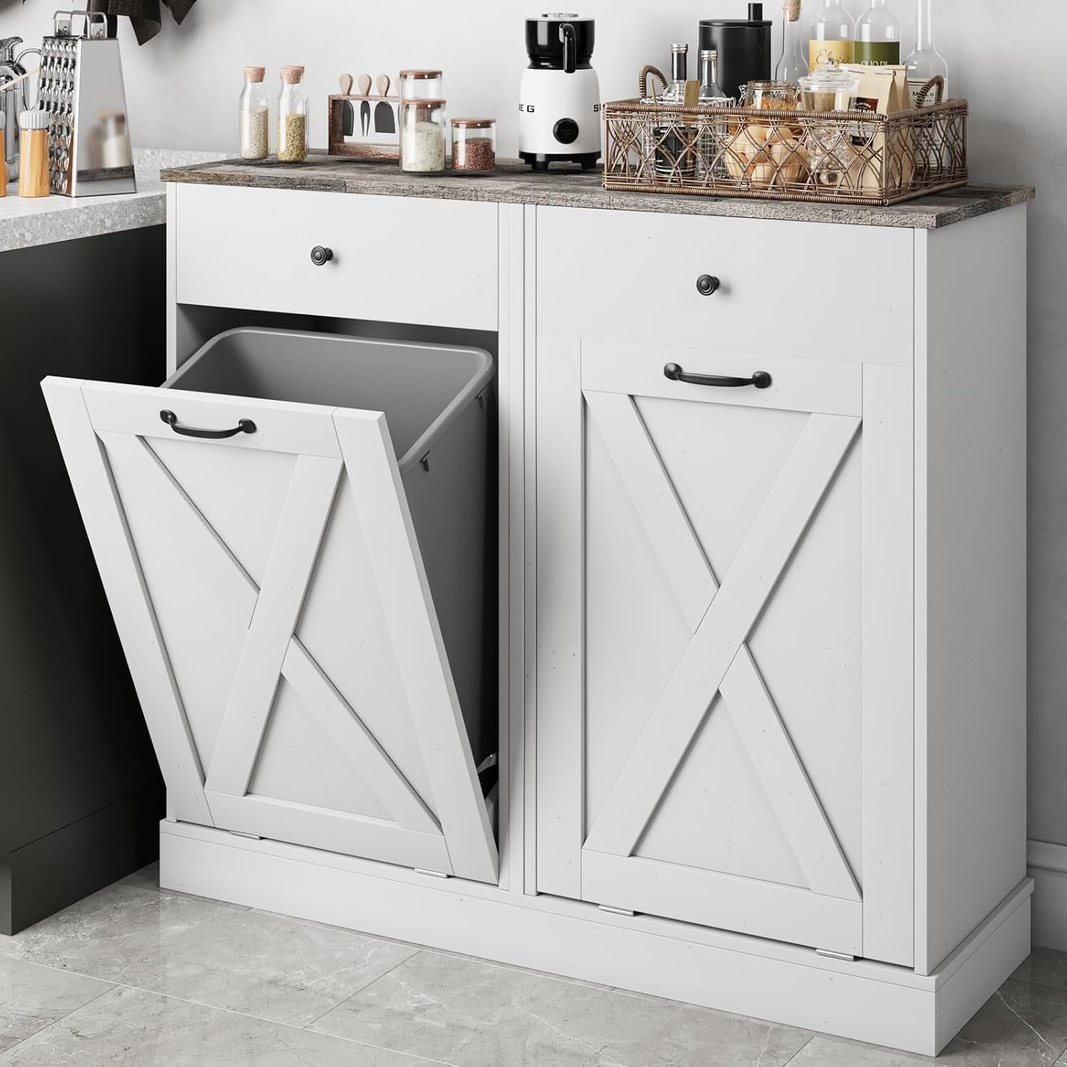 mikibama Double Tilt Out Trash Cabinet,Modern 20 Gallon Freestanding Trash Bin Cabinets with ...