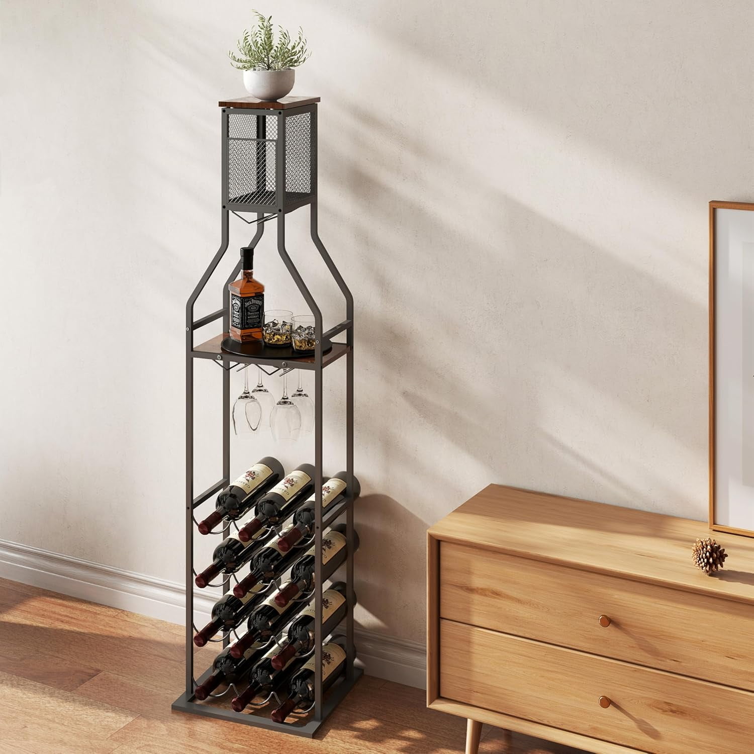 mikibama Freestanding Floor Wine Rack, Black Metal Wooden Corner Wine ...