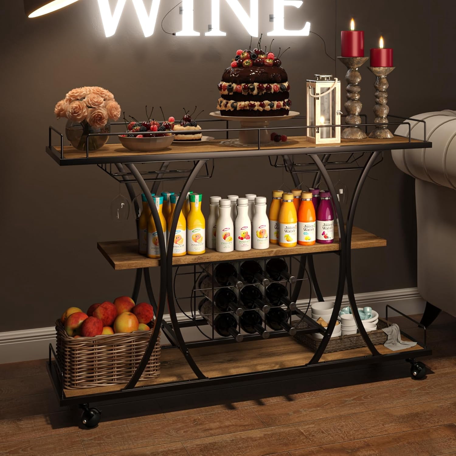mikibama Industrial Bar Cart Farmhouse Mobile Metal Wooden Home Mini ...
