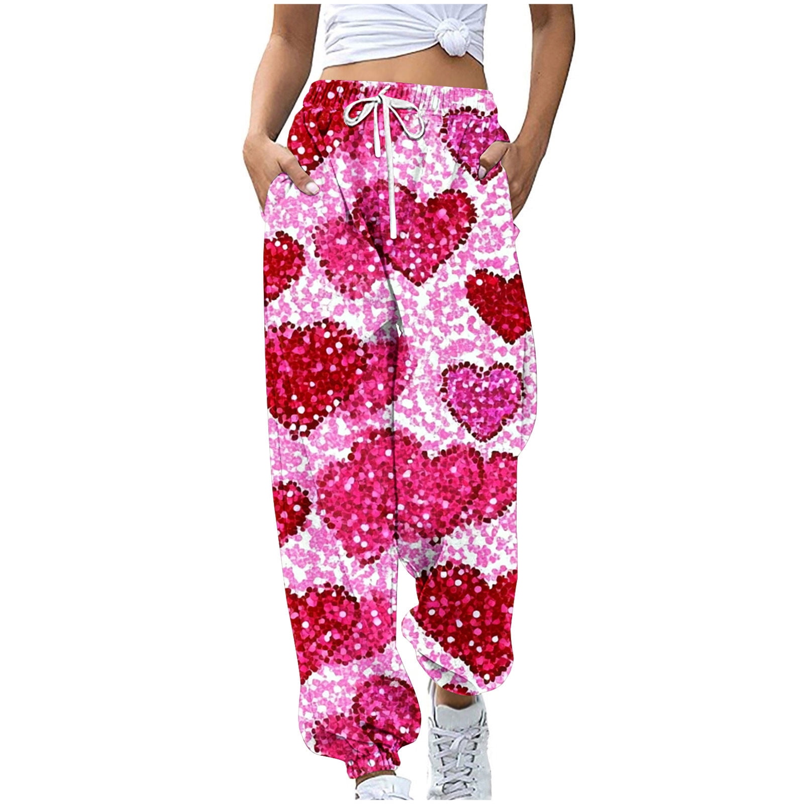 miqiqism Clearance Valentine's Day Women Sweatpants Heart Trousers Tie ...