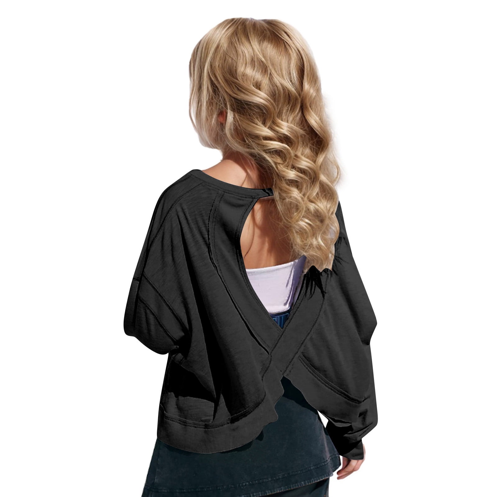 miqiqism Girls Shirts Long Sleeve Backless Top Children Loose Crop ...