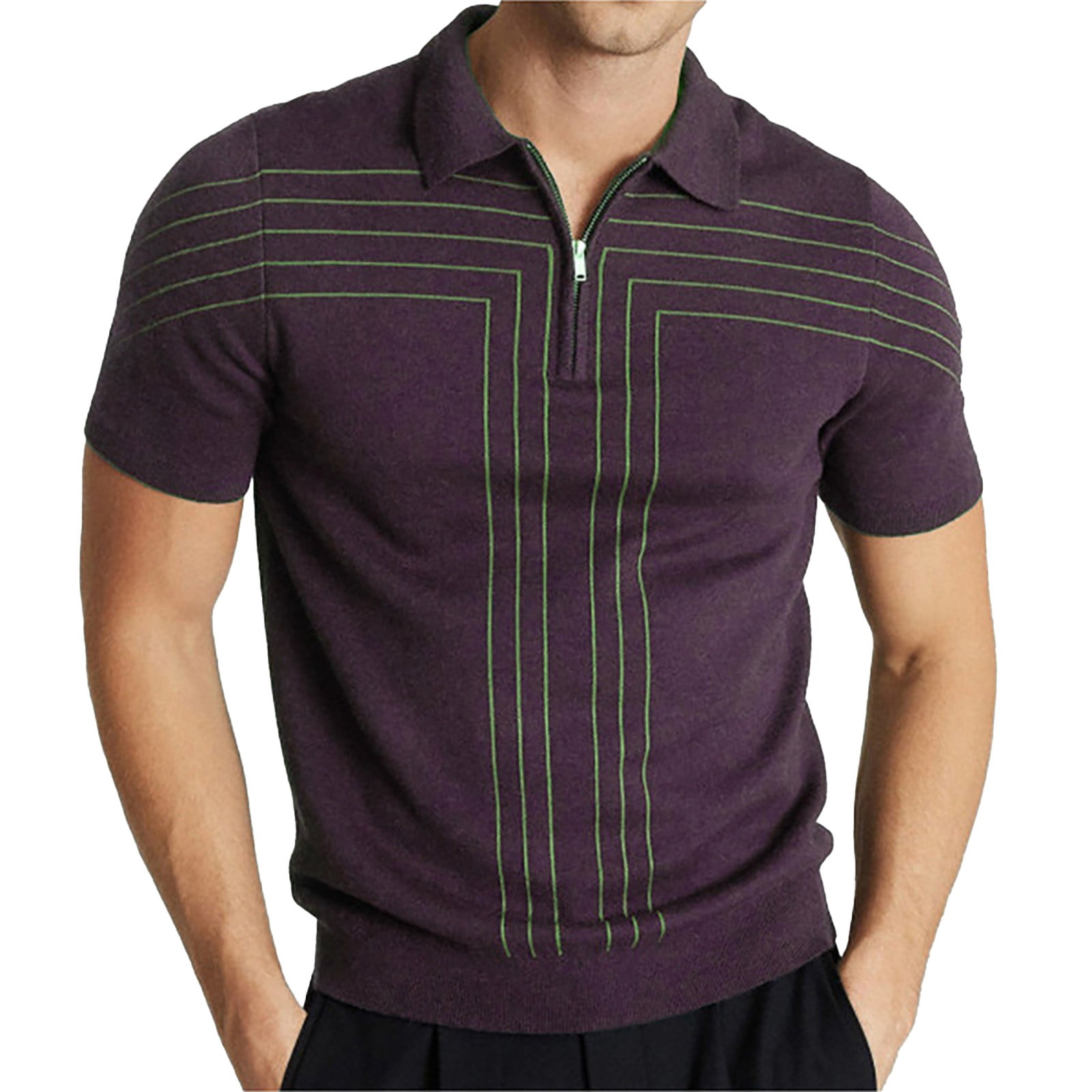 miqiqism Men Quarted Zip Shirts Top Short Sleeve Polo Tshirts Striped ...