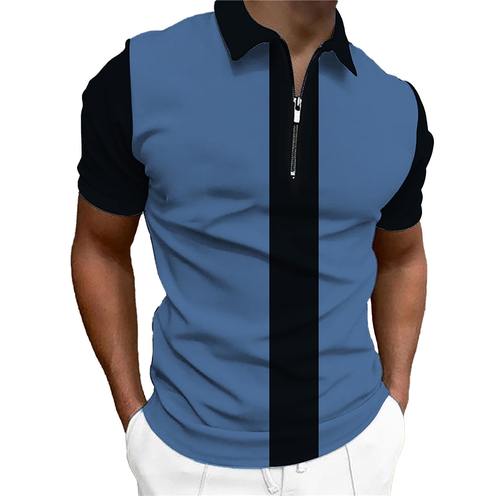 miqiqism Men Quarted Zip Shirts Top Short Sleeve Polo Tshirts Striped ...