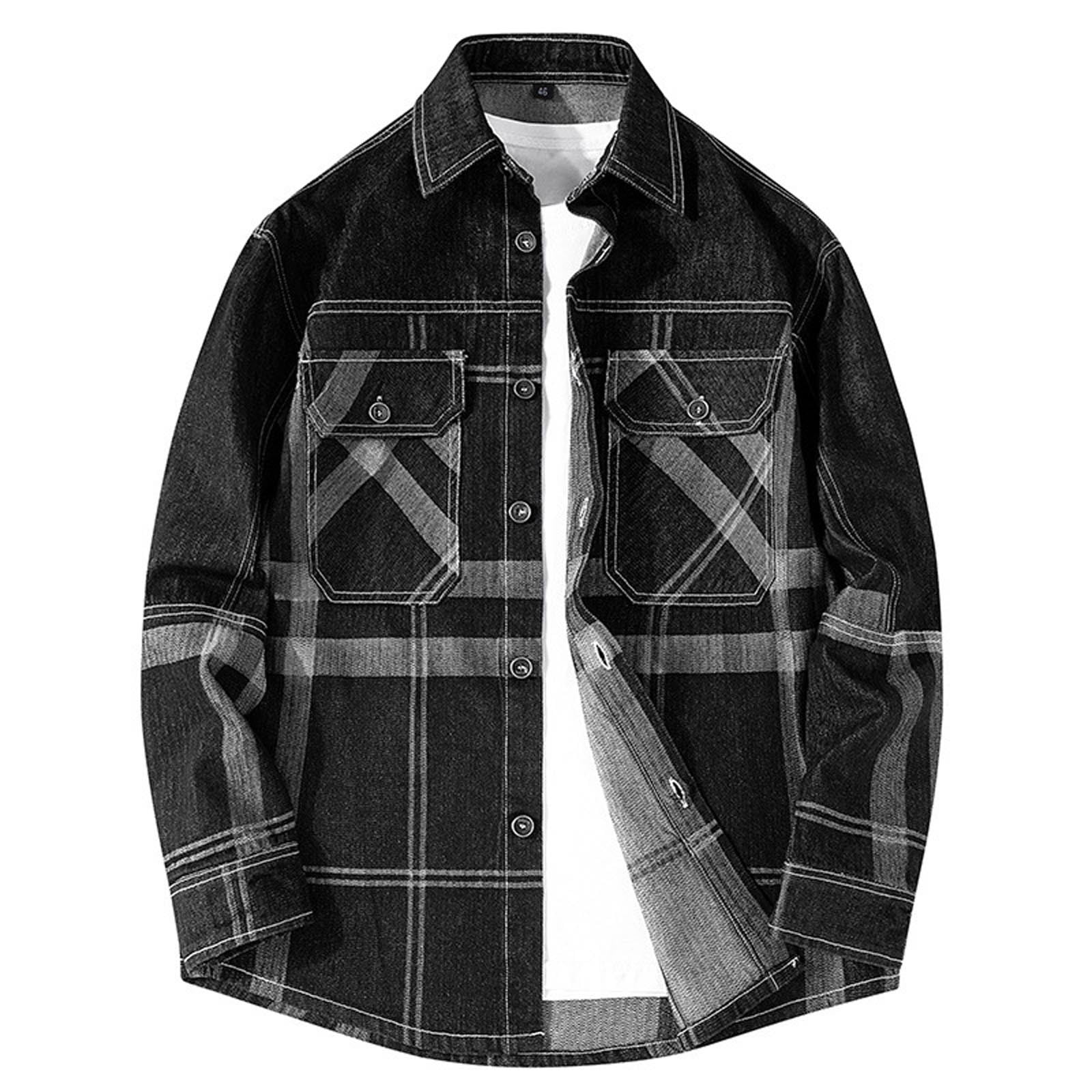 miqiqism Mens Jean Button Down Casual Shirt,Men Multi Pockets Denim ...