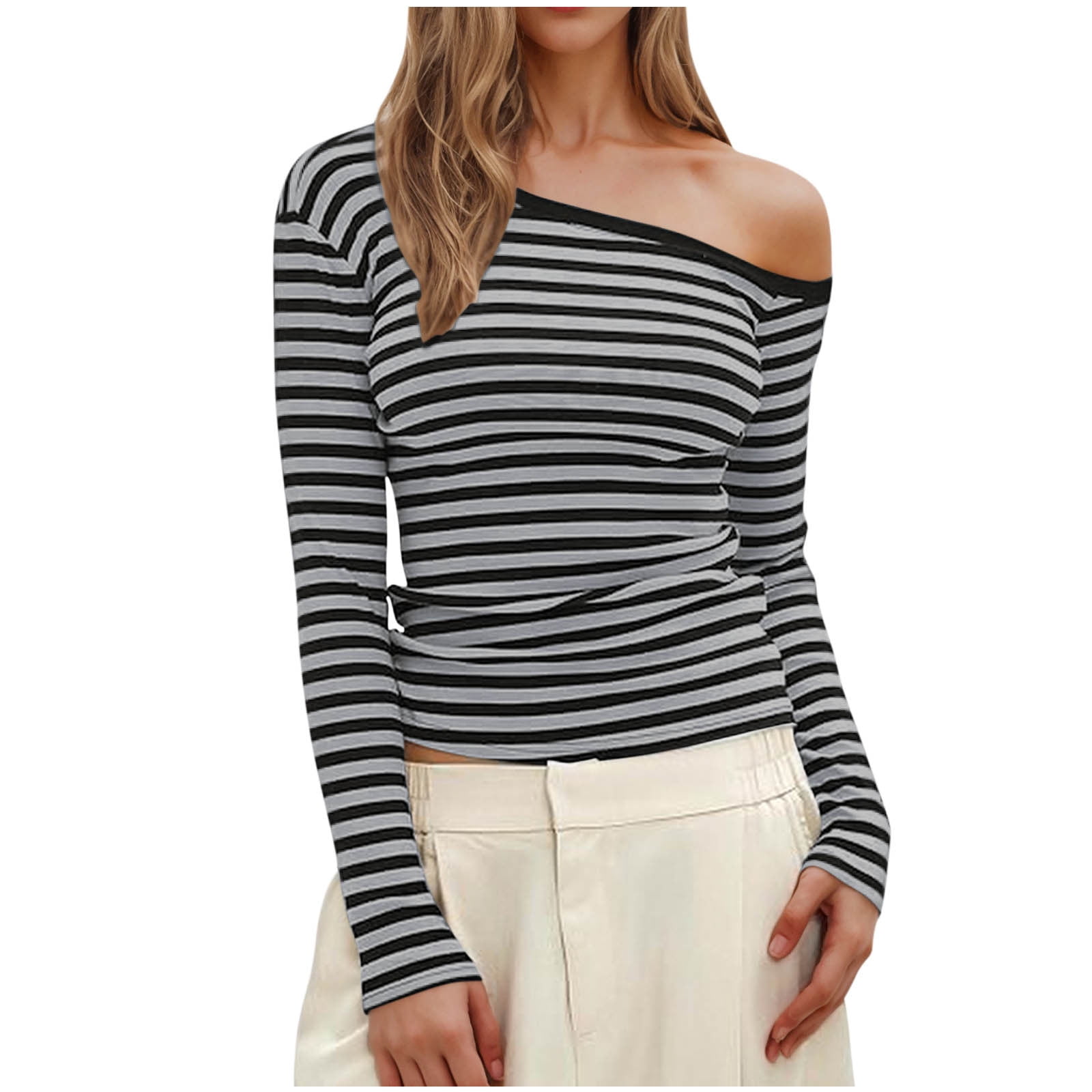 miqiqism Off-The-Shoulder Long-Sleeved Top for Women Casual Colorblock ...