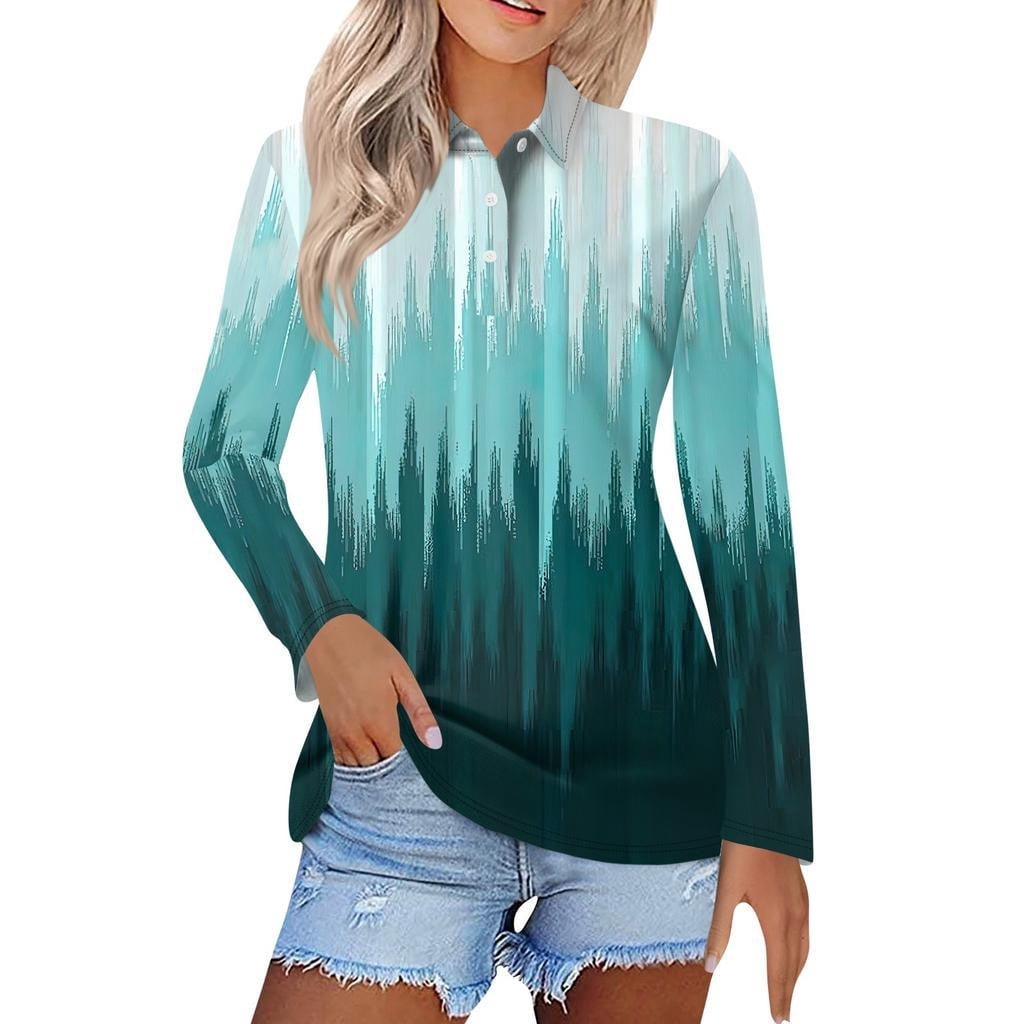 miqiqism Polos Tees Women Long Sleeve Polo Shirts Gradients Tunic Top ...