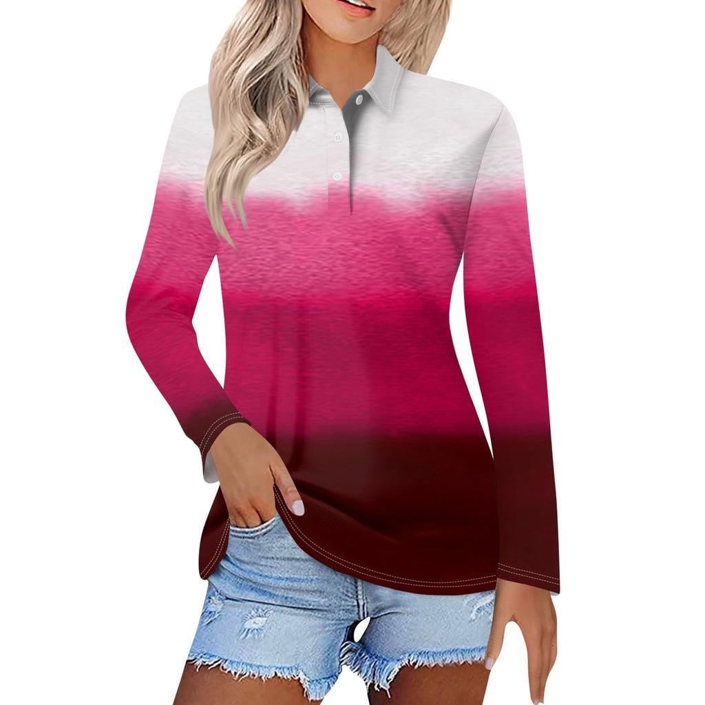 miqiqism Polos Tees Women Long Sleeve Polo Shirts Gradients Tunic Top ...