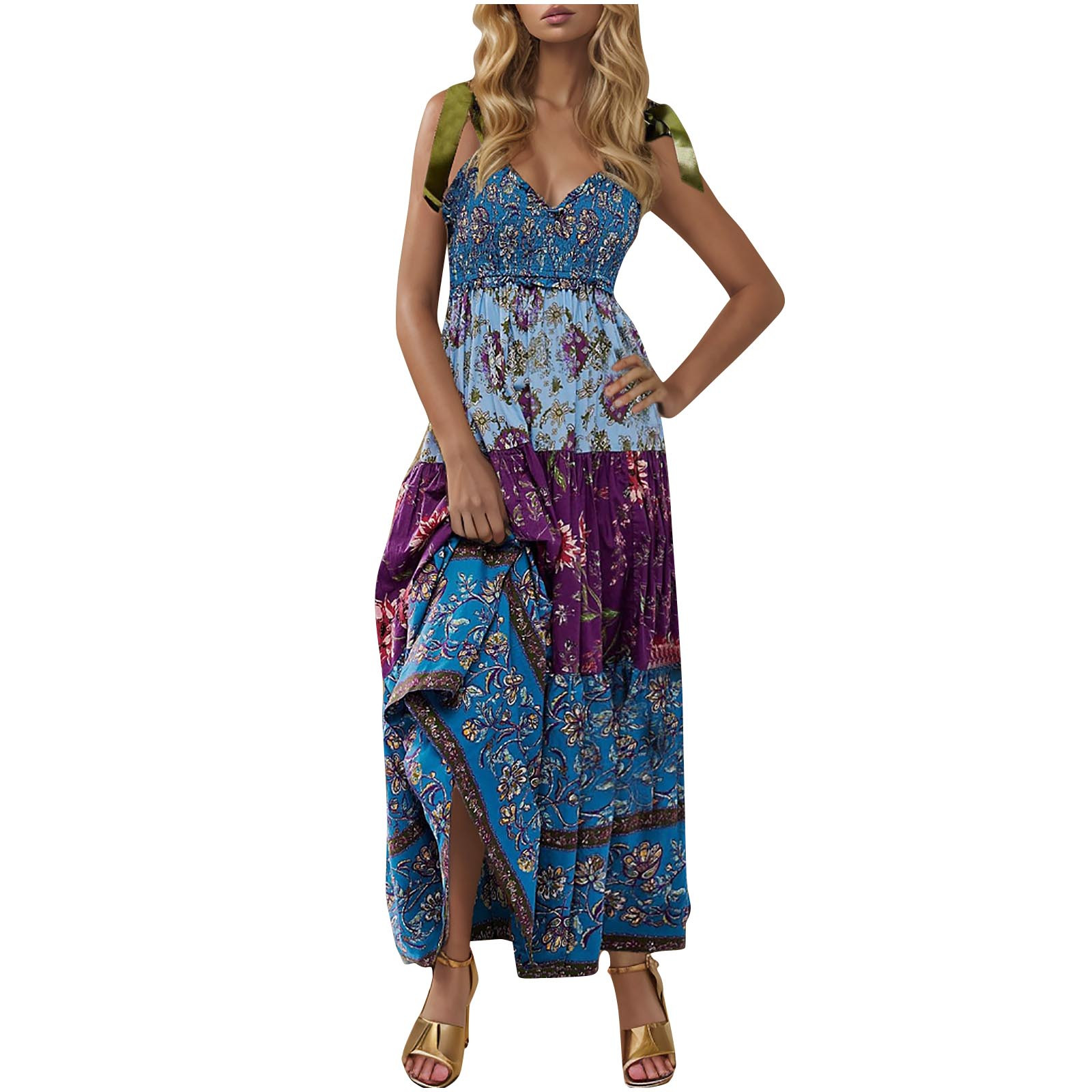 miqiqism Summer Tank Dresses for Women Beach Strappy Boho Floral Print ...