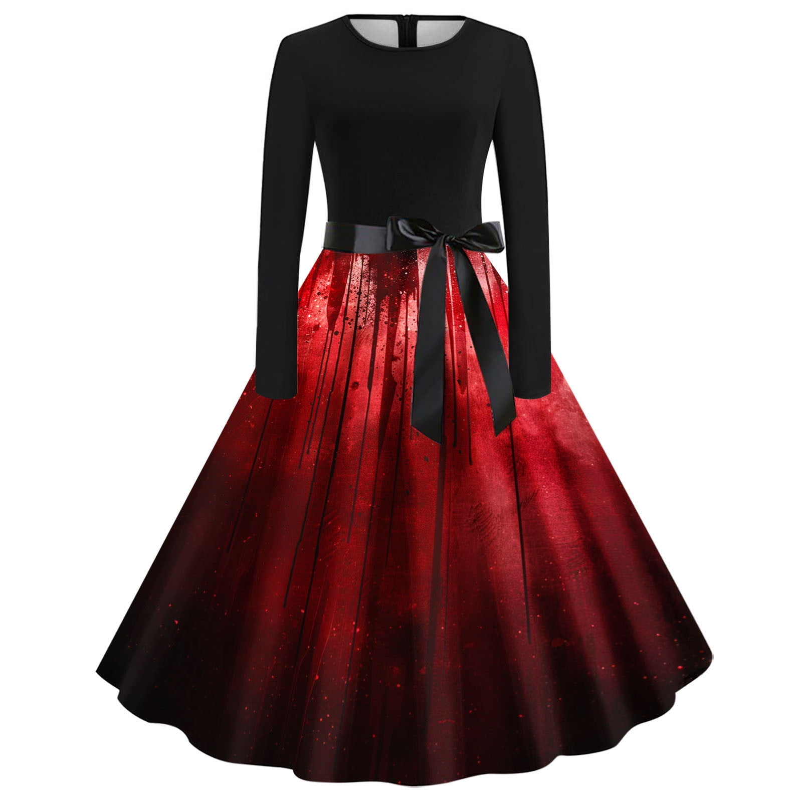 miqiqism Waist Tie Flare Dress for Women Comfy Round Neck Dresses Juniors Fashion Printed Long ...