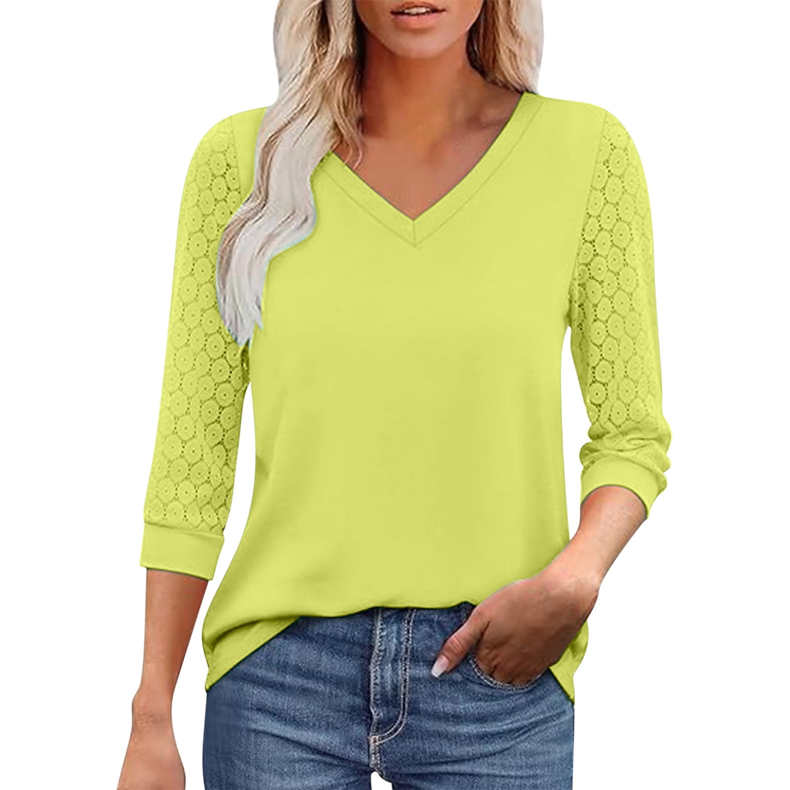 Miqiqism Womens 3 4 Sleeve Shirts Lace Tunic Tops Lady V Neck Business