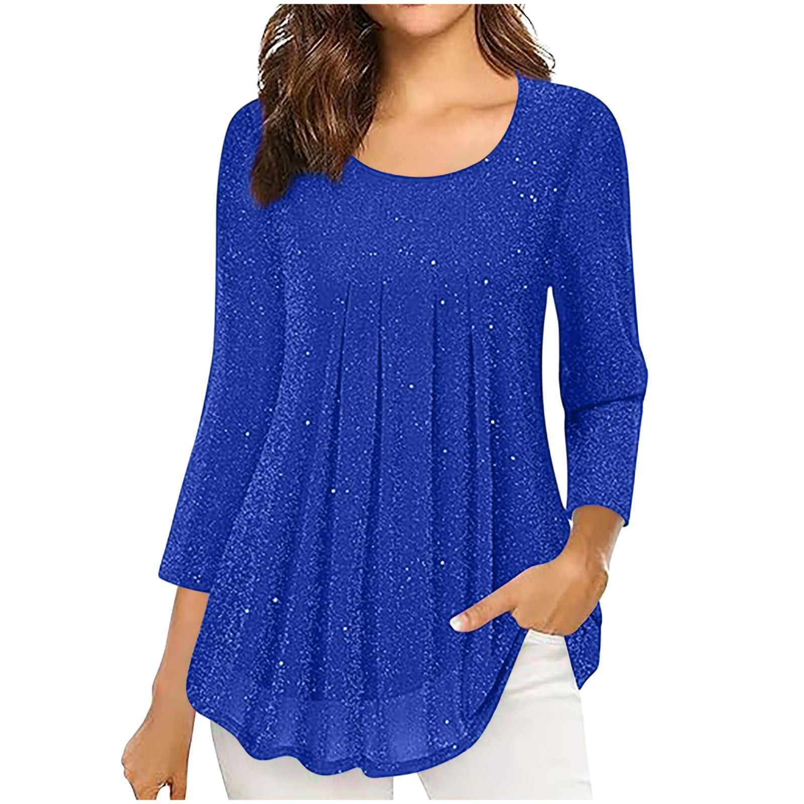 miqiqism Women's 3/4 Sleeve Tunic Tops Round Neck Flowy Shirts Glitter ...