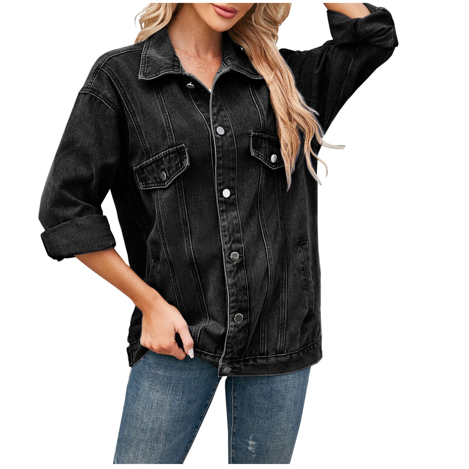 miqiqism Women's Denim Jacket With Pocket Casual Long Sleeve Vintage ...