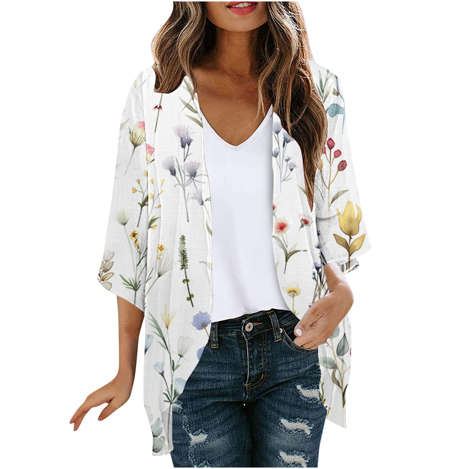 miqiqism Women's Floral Print Puff Sleeve Kimono Cardigan Cozy Trendy ...