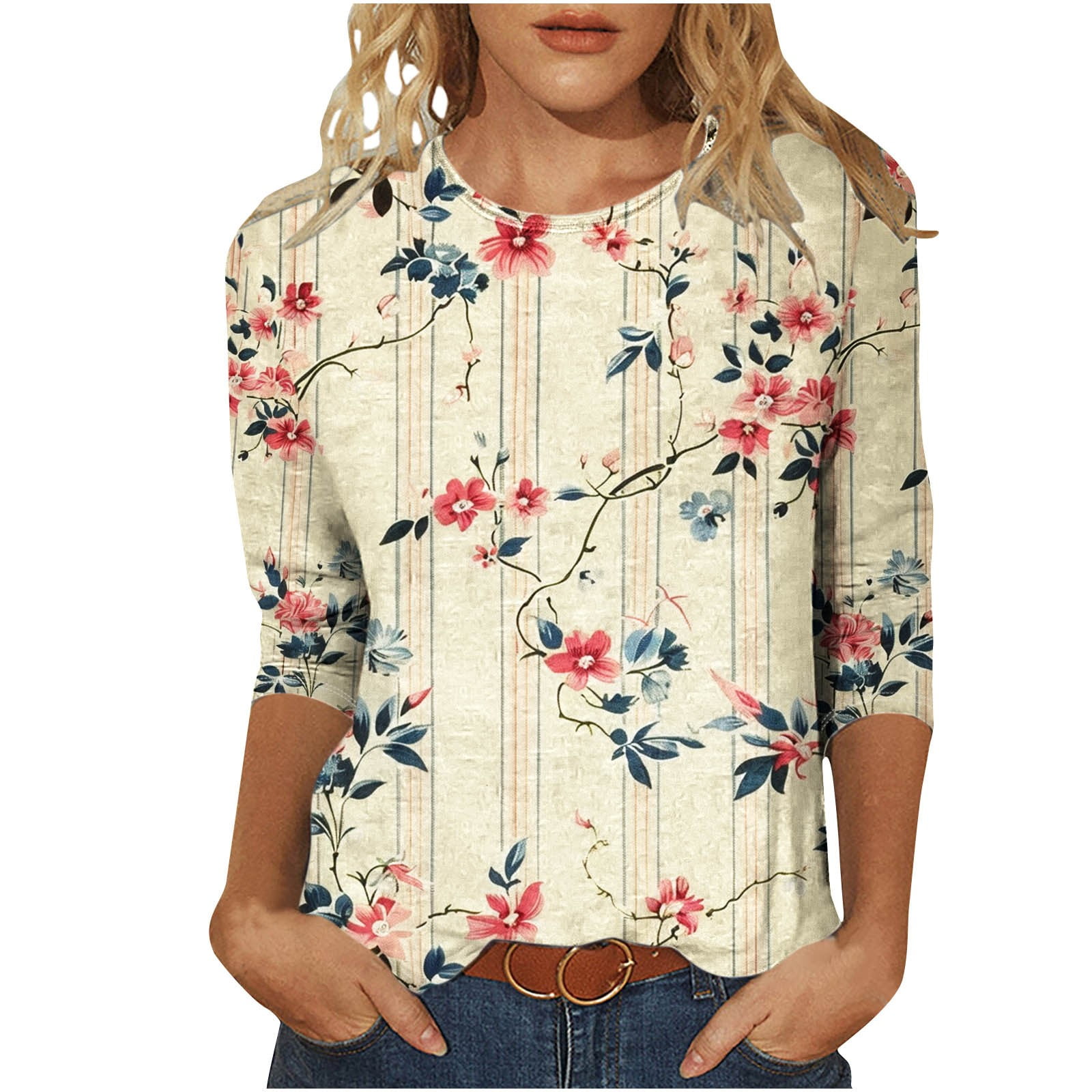 miqiqism Womens Casual 3/4 Length Sleeves Tops Juniors Trendy Loose T ...