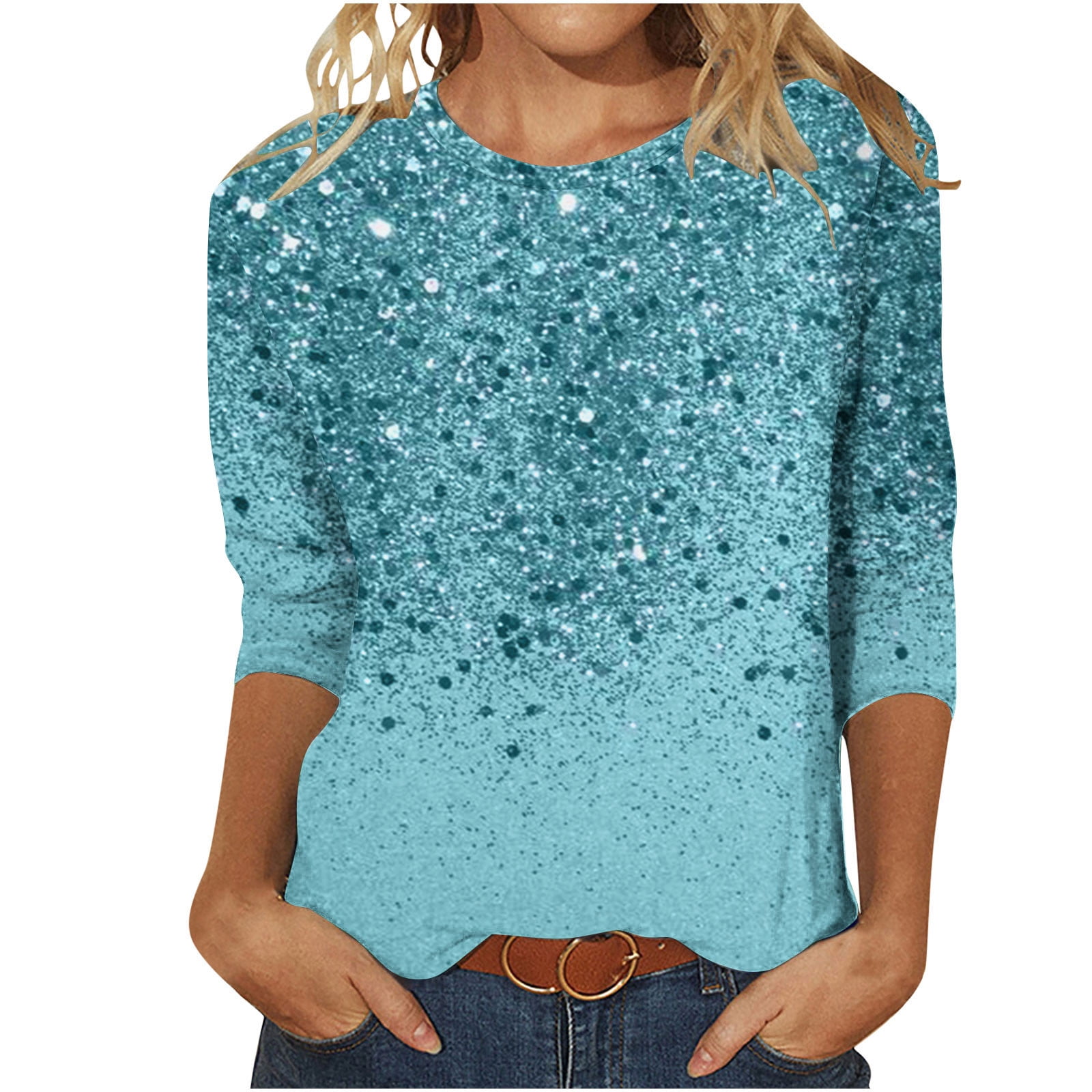miqiqism Womens Glitter Shirts 3/4 Length Sleeve Blouses Round Neck ...