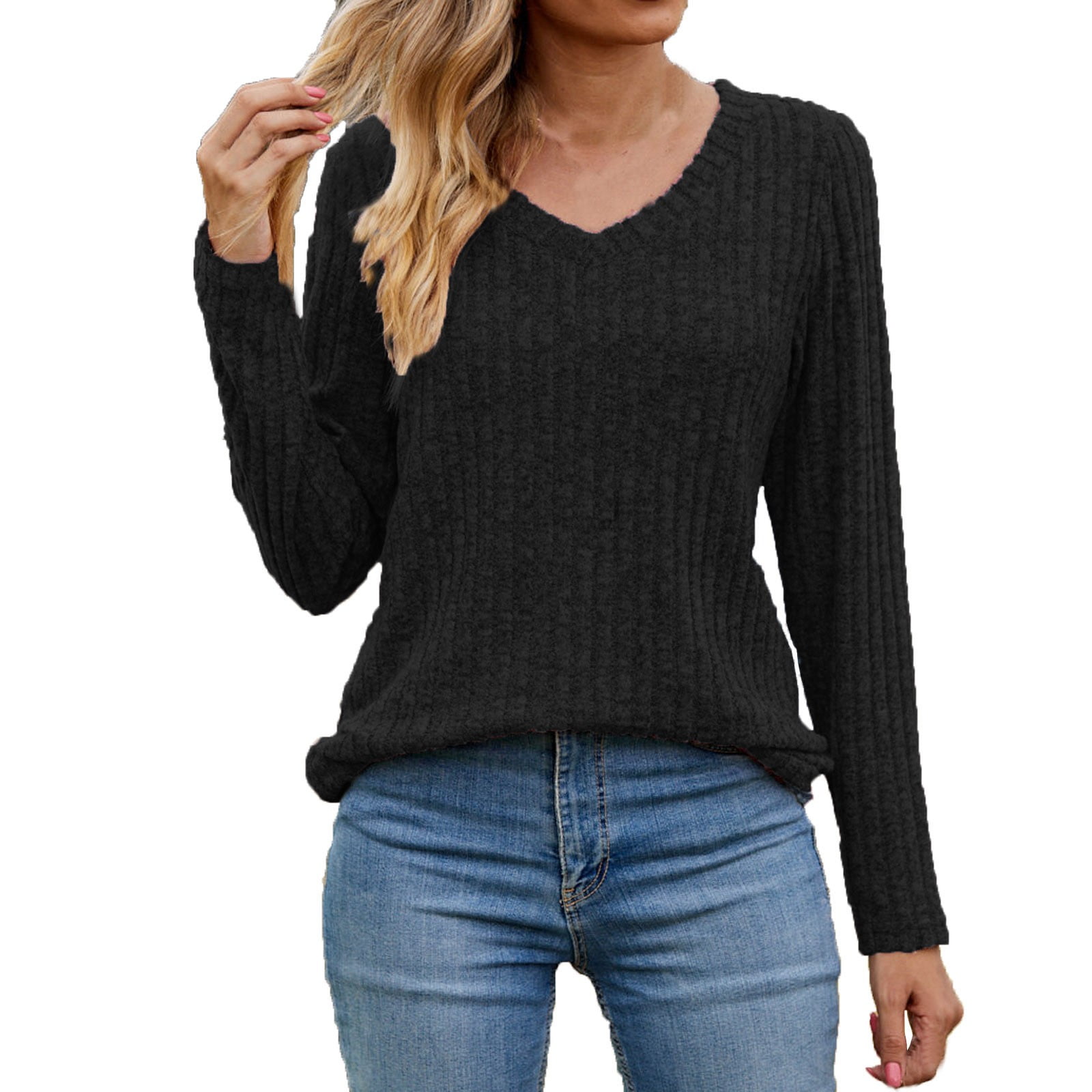 miqiqism Womens Sweater Trendy Long Sleeve Tunic Knitwears Solid V Neck ...