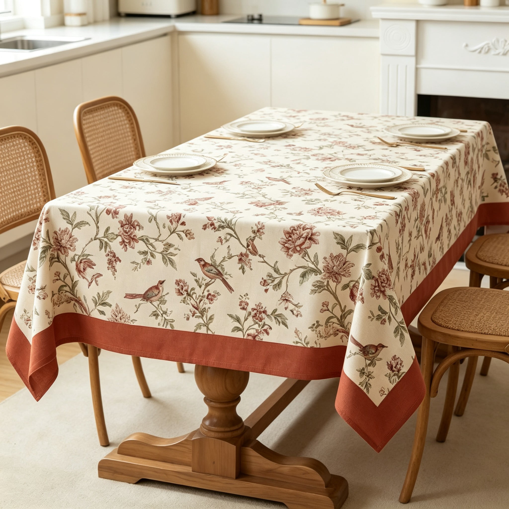 mirlewaiy French Vintage Floral Bird Tablecloth, Polyester Linen Blend ...