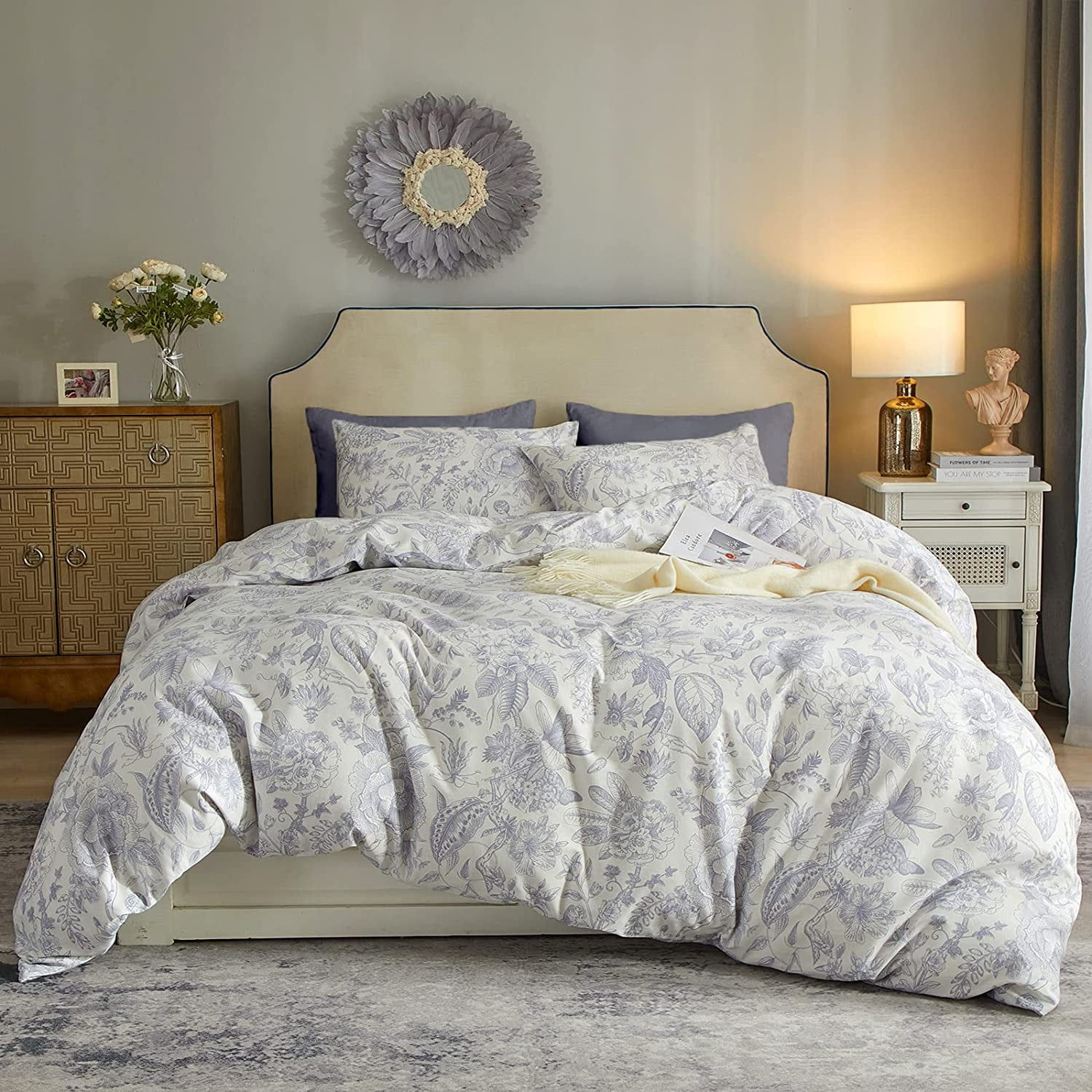 Mixinni Duvet Cover Set King Size Bird Flower Pattern Soft Cotton