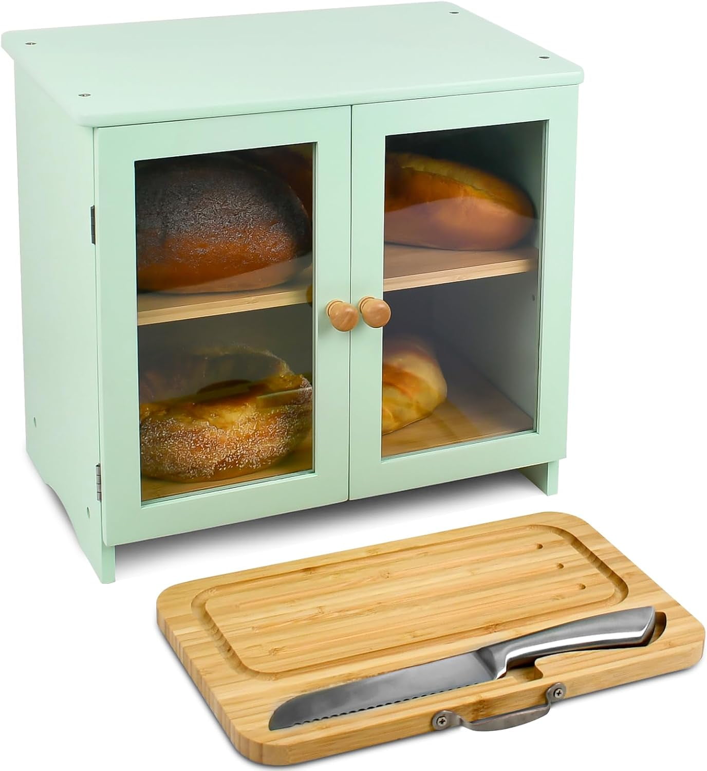 mkoijnbhv Mint Green Large Wooden Bread Box For Kitchen Countertop ...