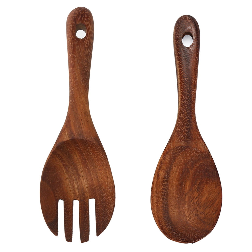 mnjin tableware fork kitchen cooking 2pcs large utensils natural spoons ...