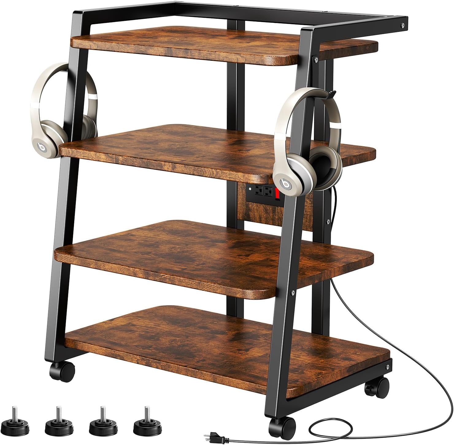 mobile av media stand with outlets and 4 rolling caster wheels, 4-tier ...