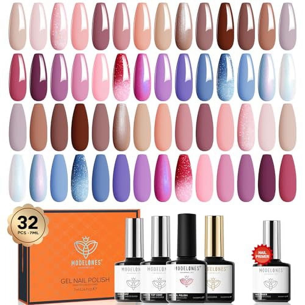 modelones 32 PCS Gel Nail Polish Kit, 28 Colors Gel Polish Set with Glossy&Matte Top Base Coat ...