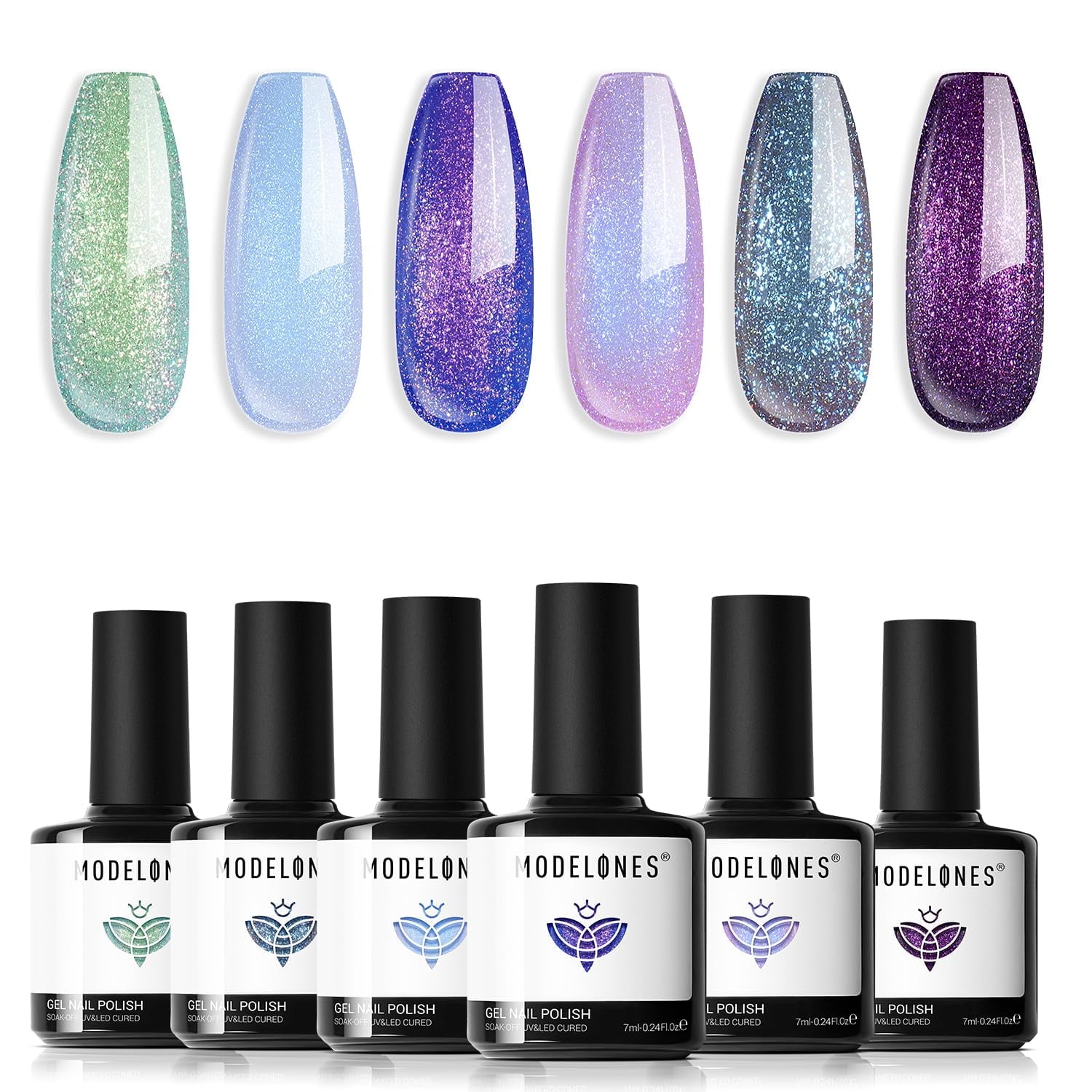 Modelones Chameleon Gel Nail Polish Set, 6 Colors, Aurora Glitter, Blue ...