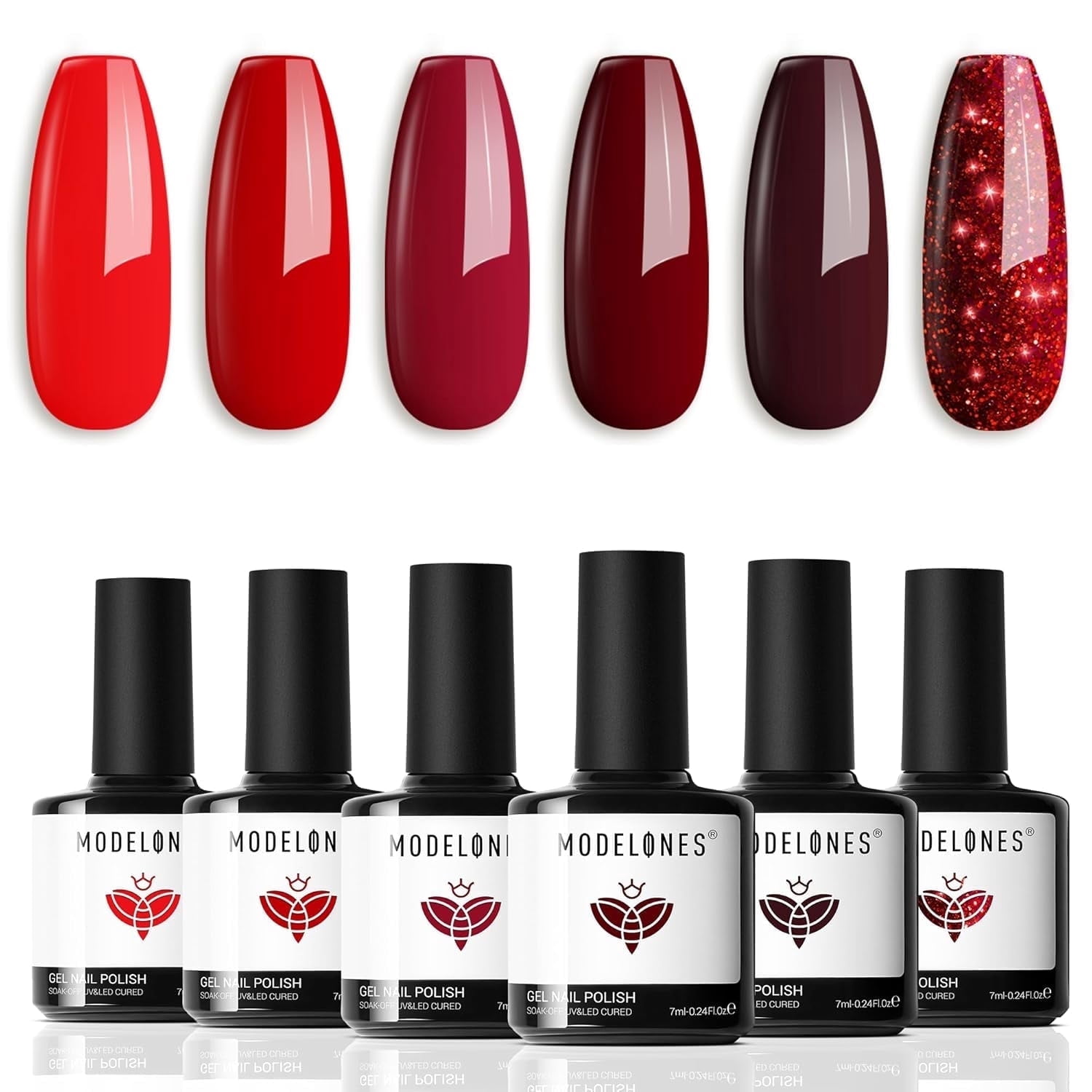 Modelones Gel Nail Polish Set, 6 Red Colors, Glitter Red, Burgundy Red ...