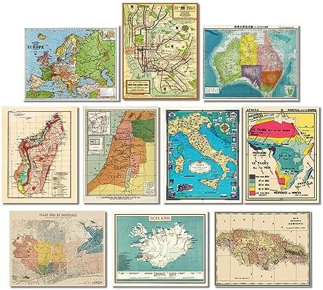 modern classroom posters - old continents map educational poster set ...