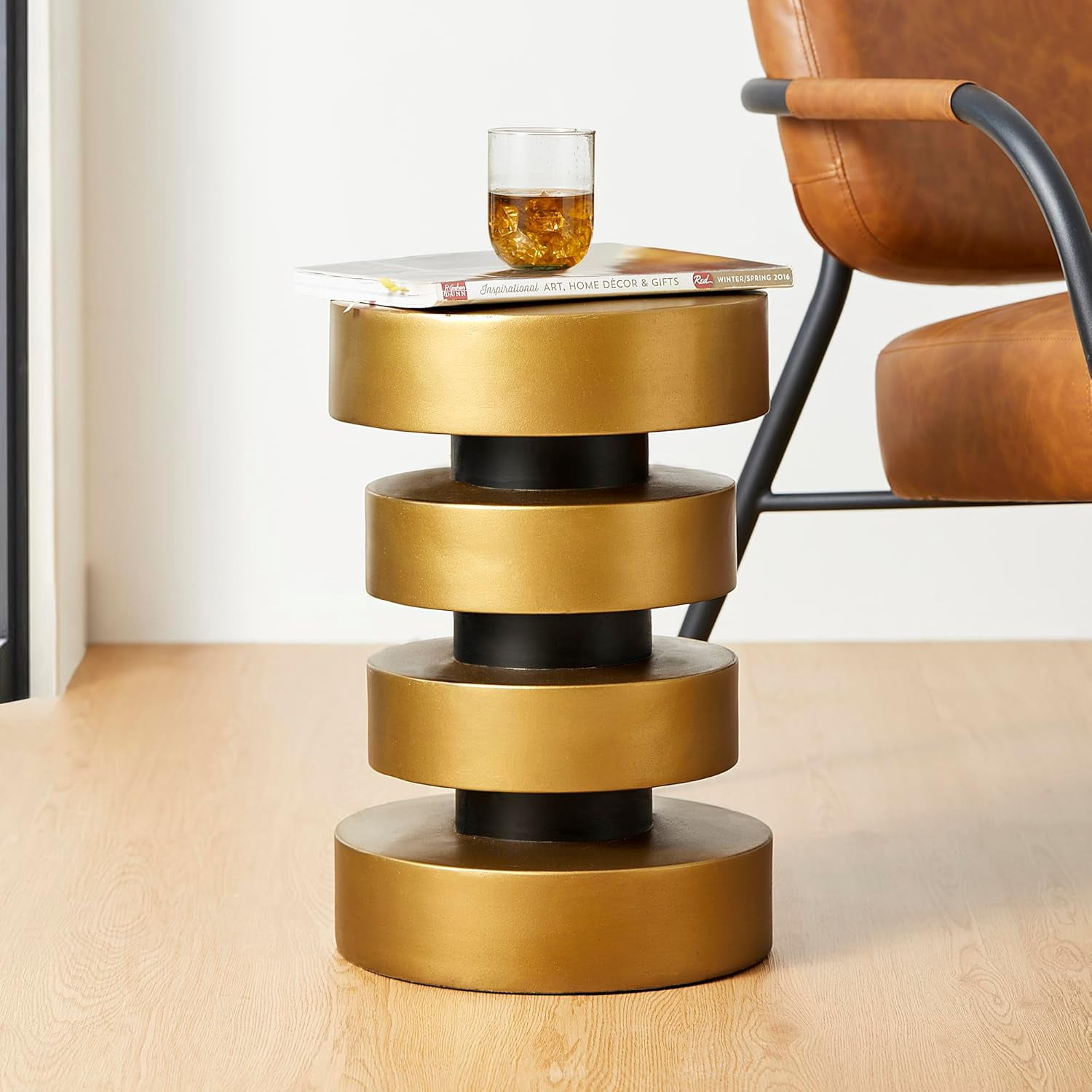**modern industrial 12” dia round side table in antique gold black ...
