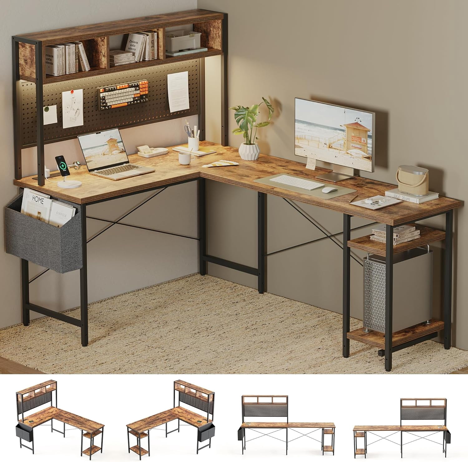 modern l-shaped computer desk rgb lights & power outlets, 94.5" home ...