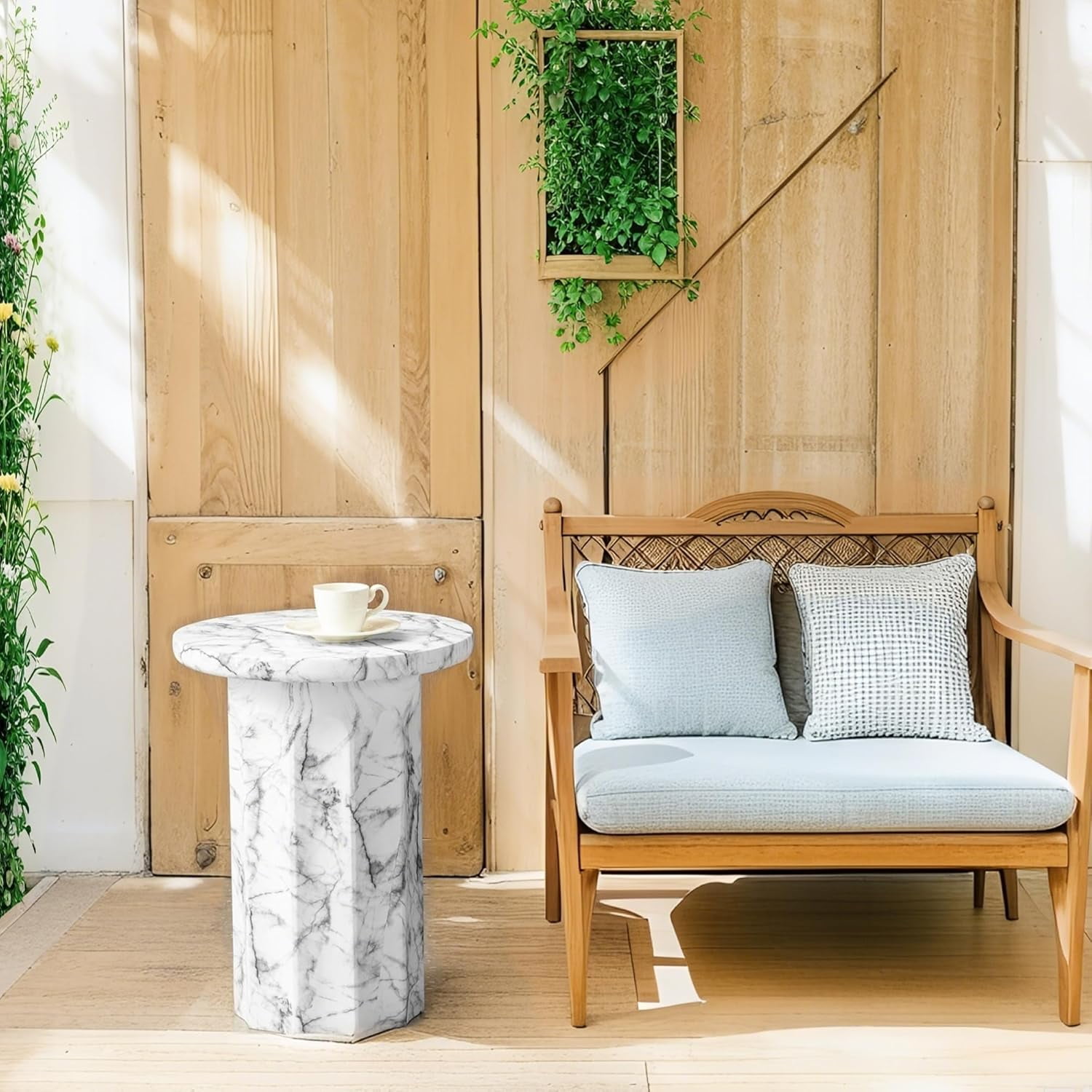 **modern outdoor side table 16" d, mgo faux marble decorative garden ...