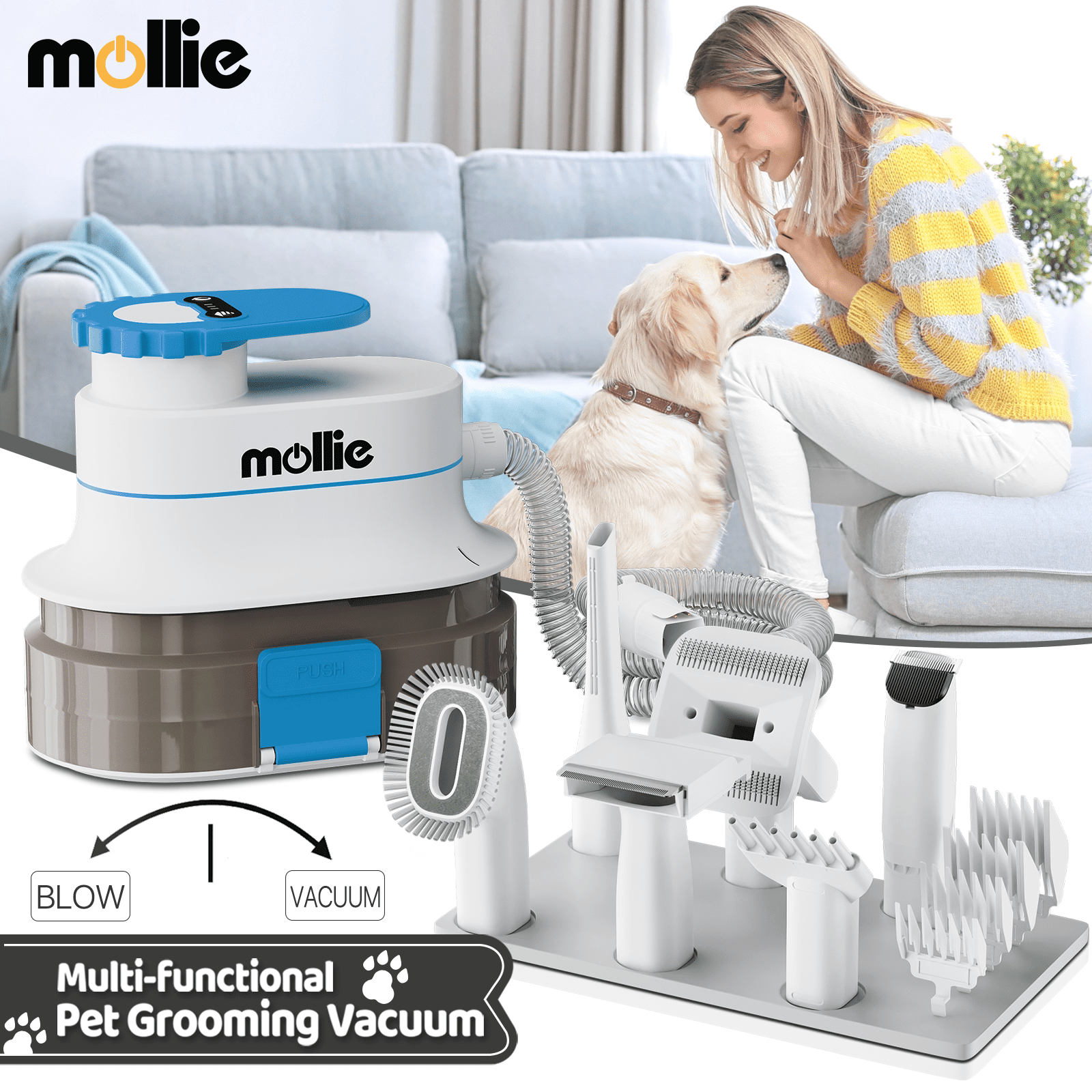 Mollie 3-in-1 Pet Grooming Kit - Vacuum/Blower, 6 Tools, Electric Trimmer with Combs, Blue ...