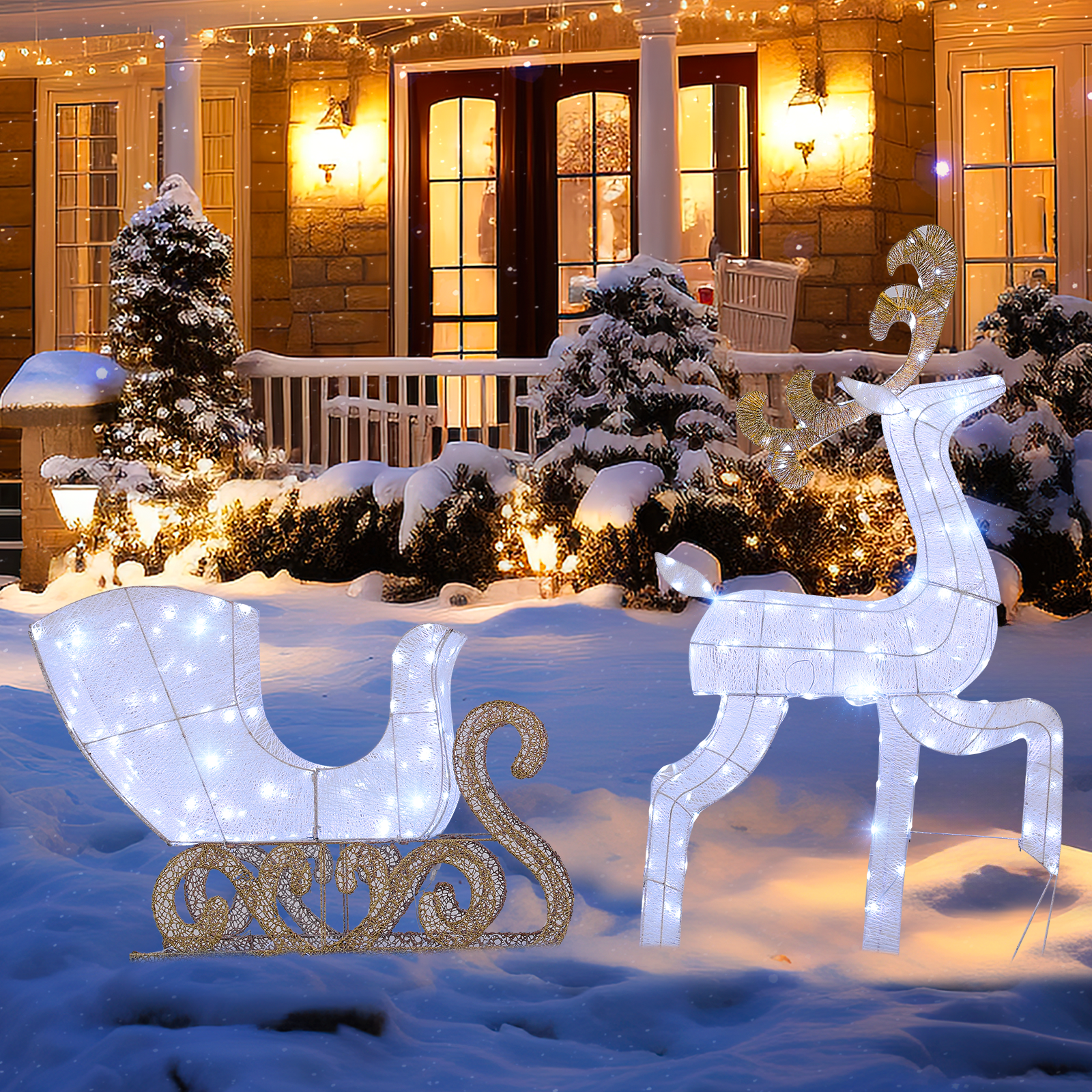 mollie Lighted Christmas Reindeer & Sleigh Outdoor Yard Decoration Set ...