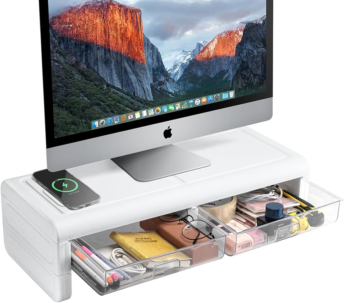 monitor stand with drawer Wireless charging function, white monitor ...