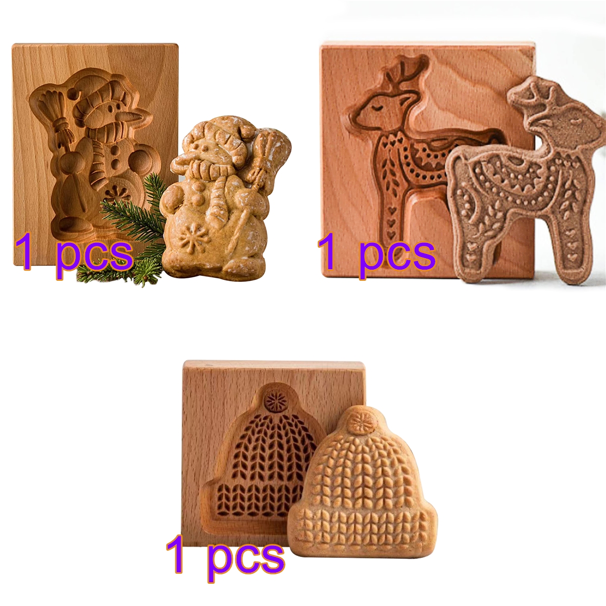 moobom 3pcs Wooden Cookie Mold Baking Embossing Cookies Stamp Mold ...