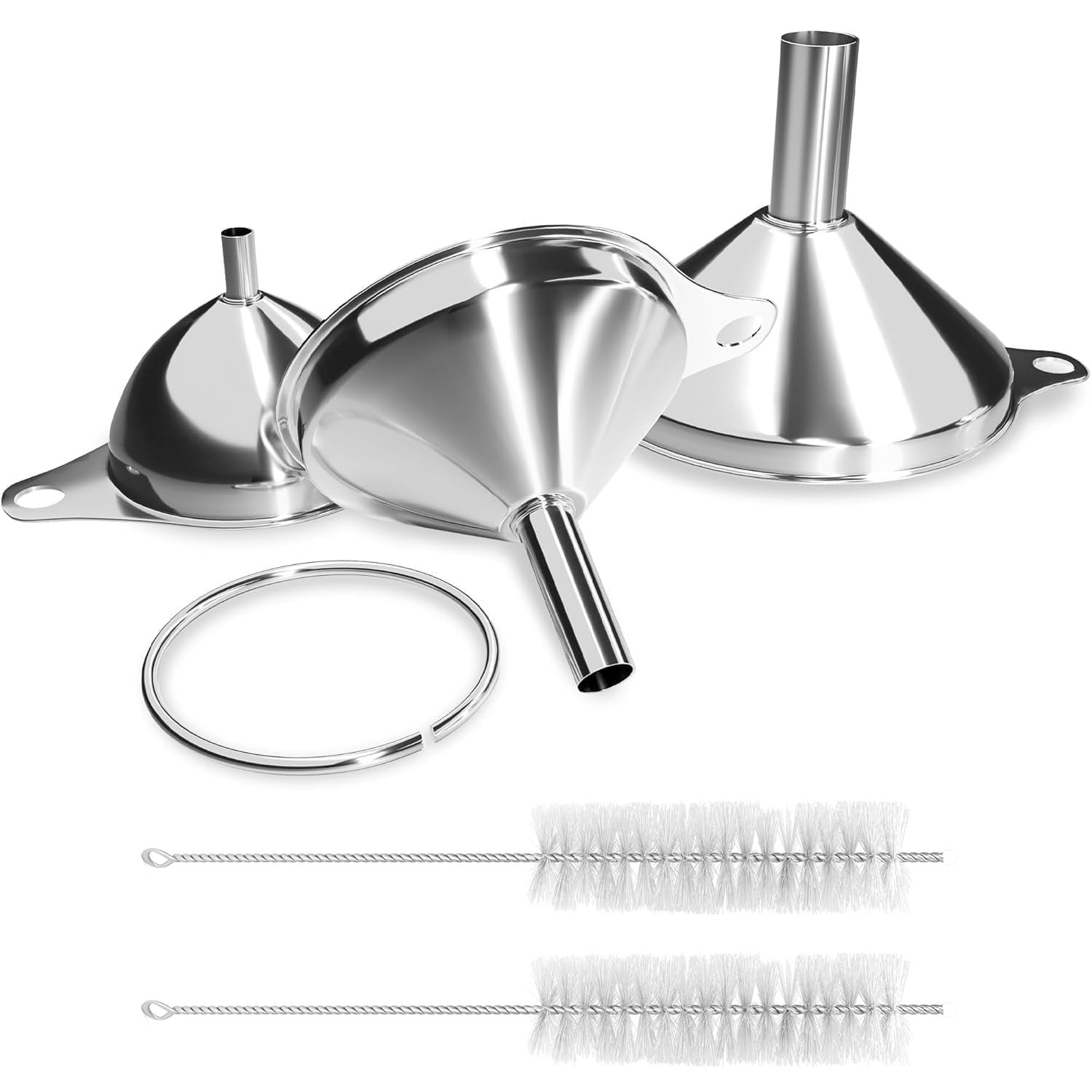 moopom Stainless Steel Funnel Set, Food Grade, 6-Piece, for Kitchen Use, with 2 Brushes ...