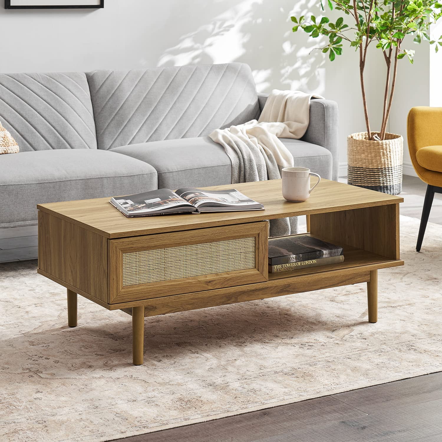 mopio Haylee Coffee Table, Modern Boho Farmhouse Natural Rattan Living ...