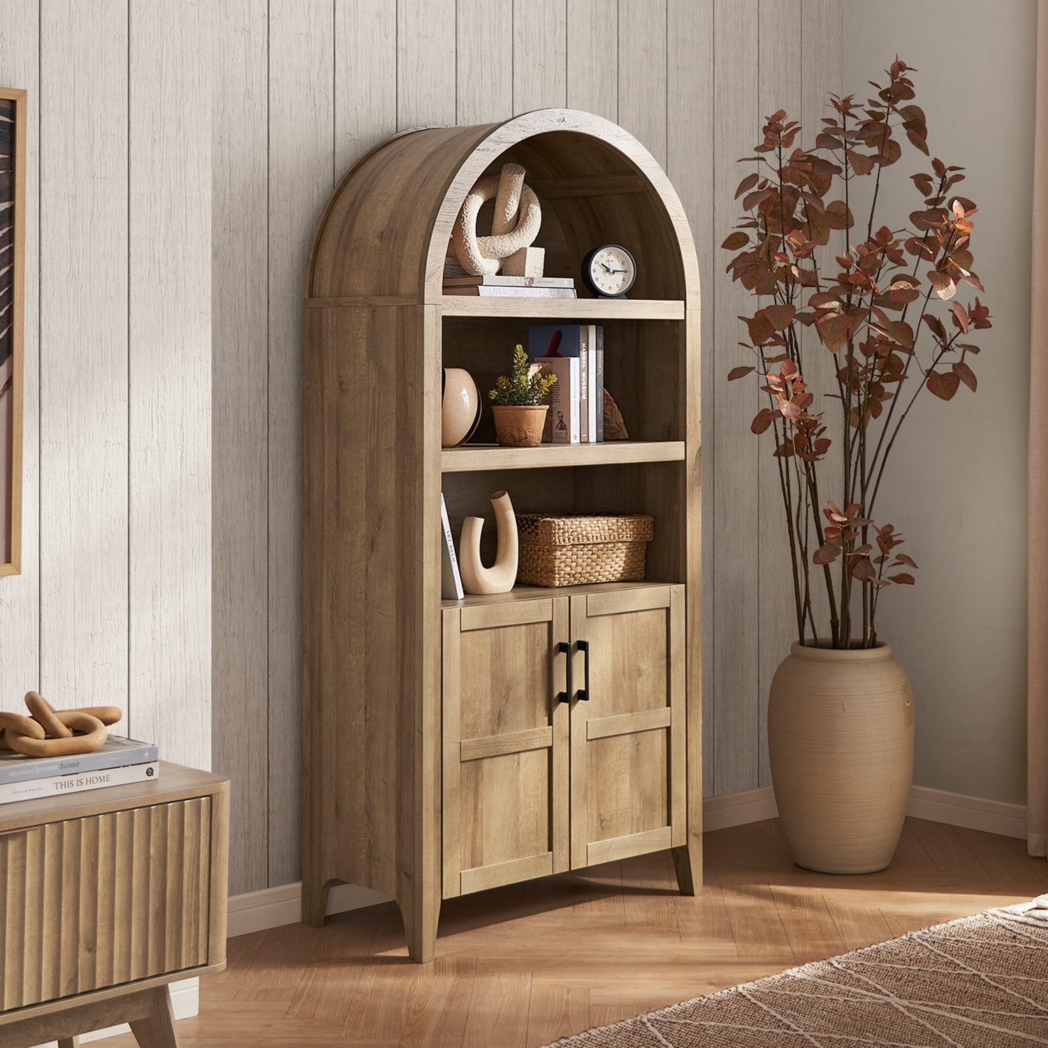 Mopio Lauren 65.4" Arched Tall Cabinet, 5-Tier Open Wood Shelf with ...