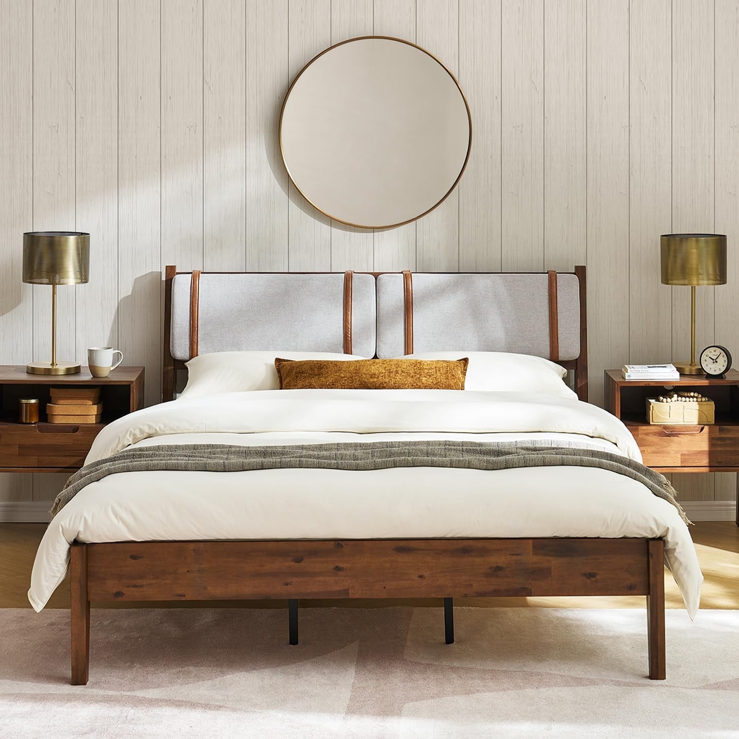 mopio Ted Bed Frame with Removable Upholstered Headboard, Mid Century Modern Acacia Solid Wood ...