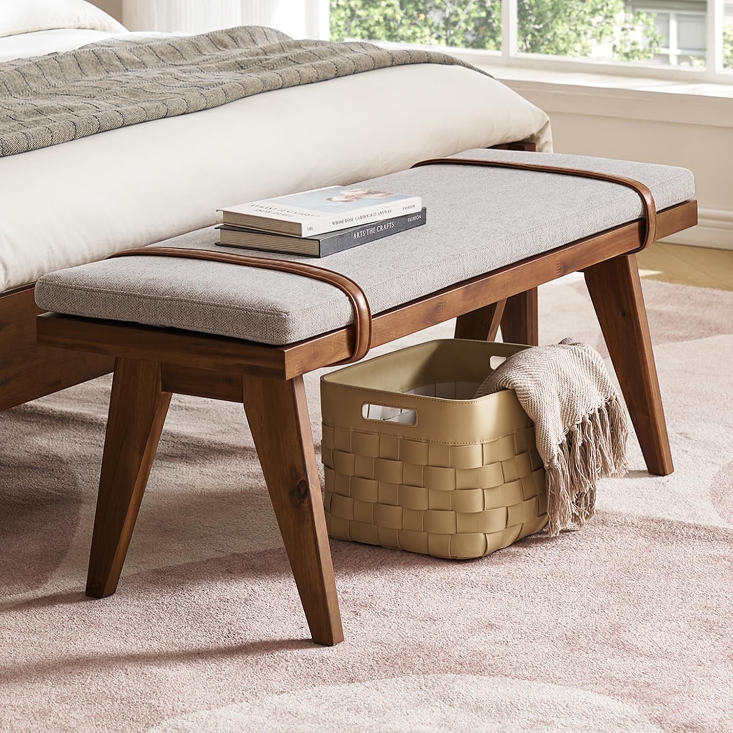 mopio Ted Mid-Century Modern End of Bed Wood Bench, Entryway Shoe Bench ...