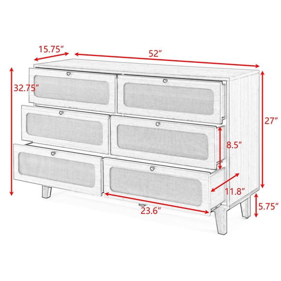 mteryoing 6 Drawer Dresser, Wooden Drawer Chest, Adjustable Leg Height ...