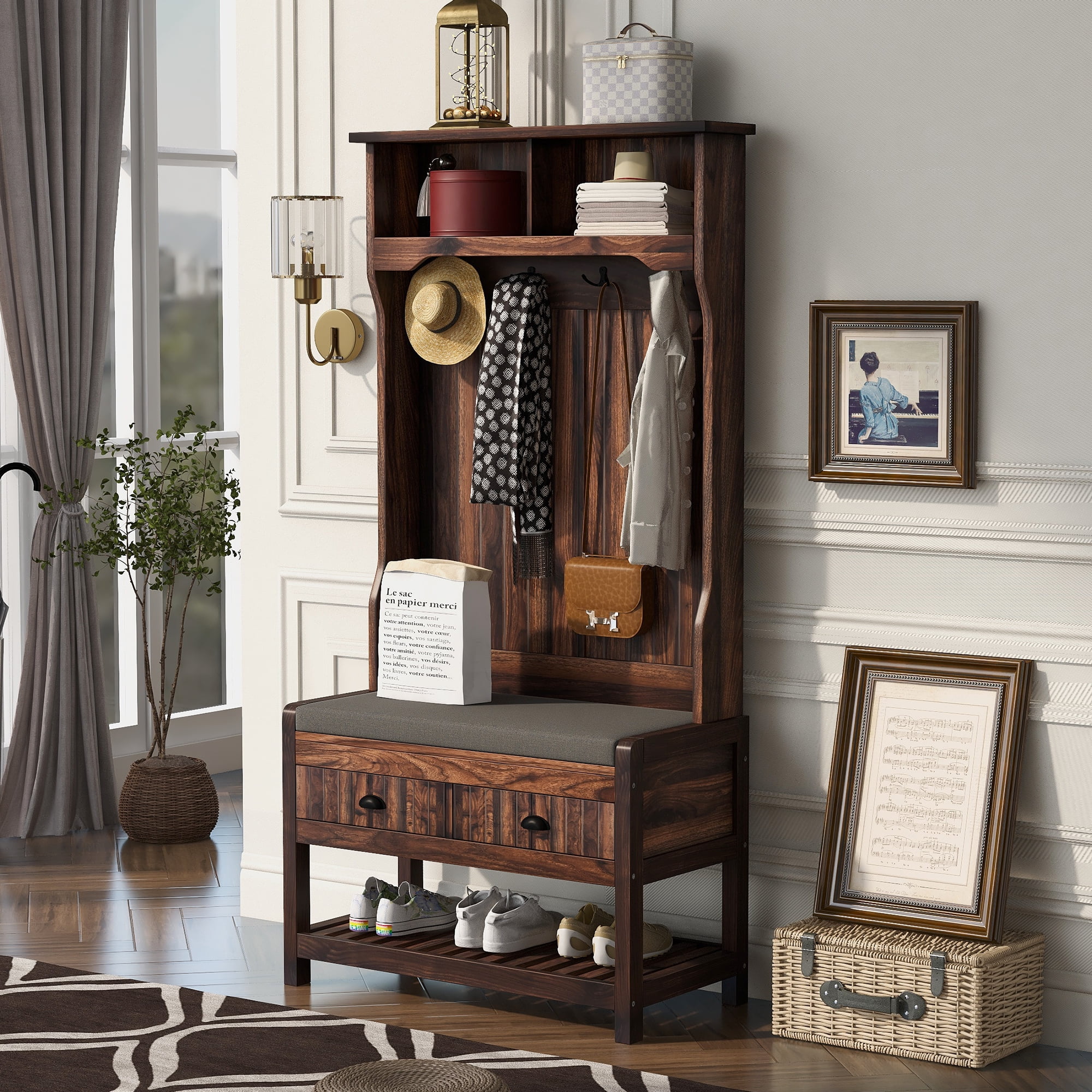 mteryoing 69 Inch Versatile Hall Tree With Drawers 4 Coat Hooks 3-open ...