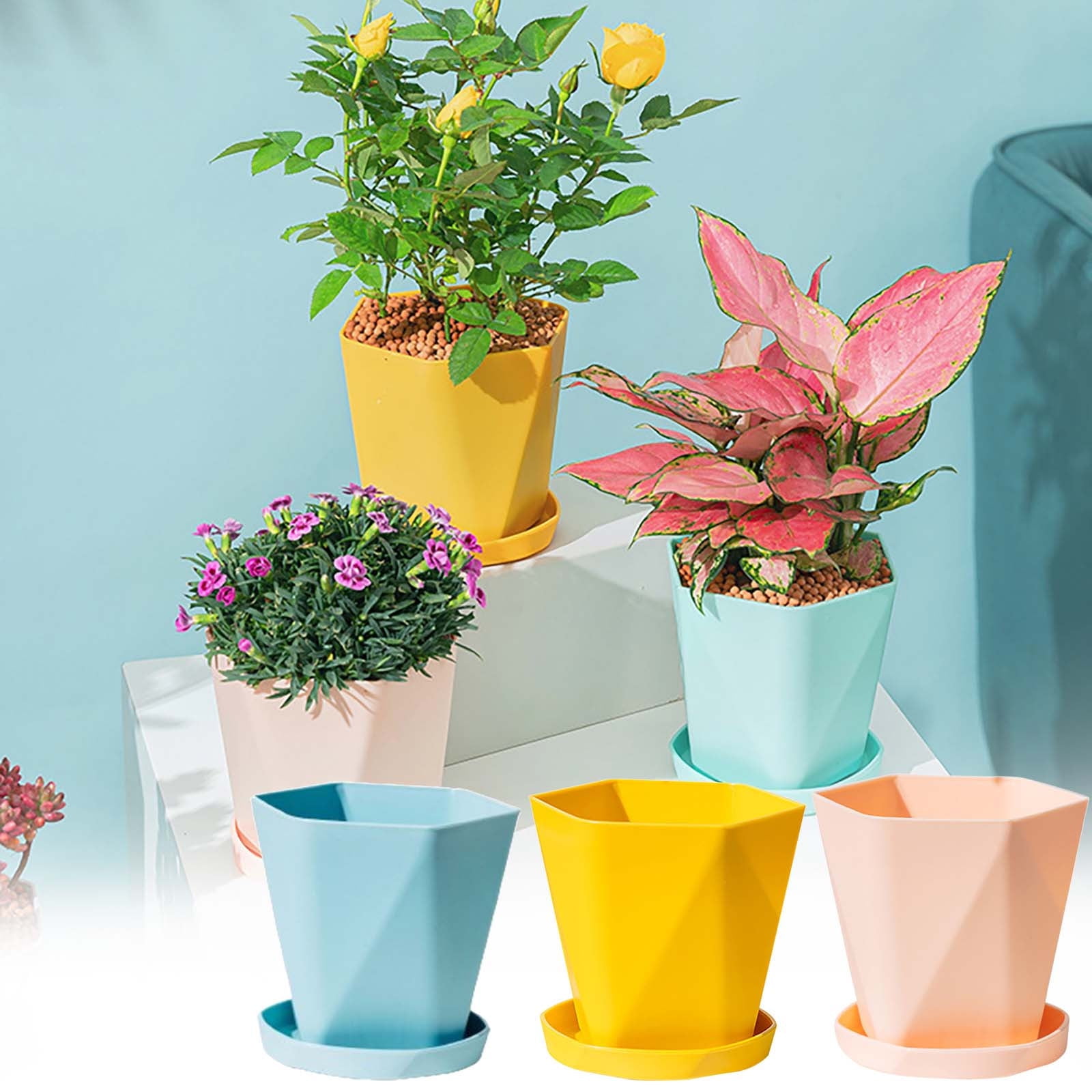 mtvxesu 3-Pack Plastic Flower Pots with Base, Thickened Resin Planters ...