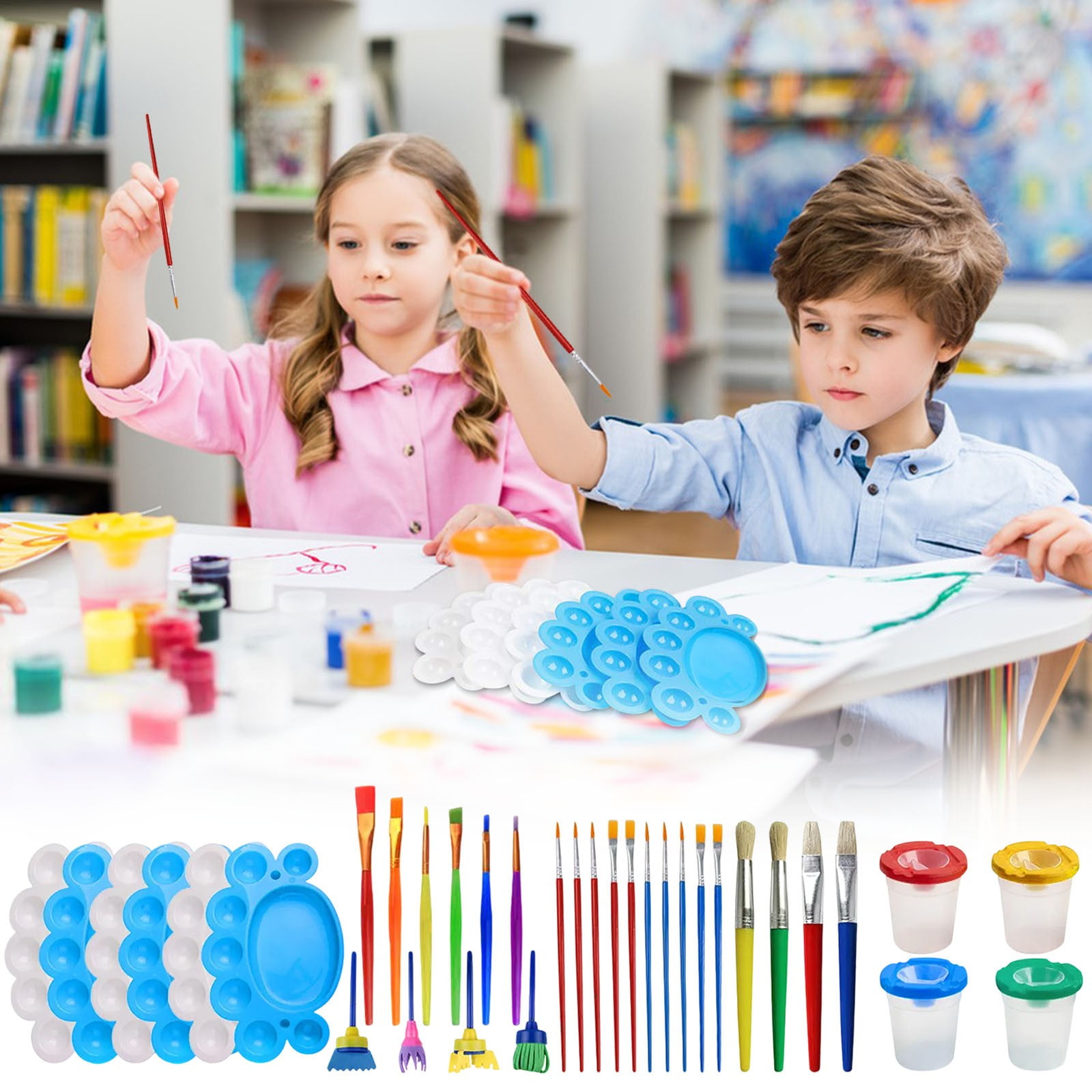 Painting Tool Kit 34-Piece Set with Spill-Proof Cups & Assorted Brushes ...