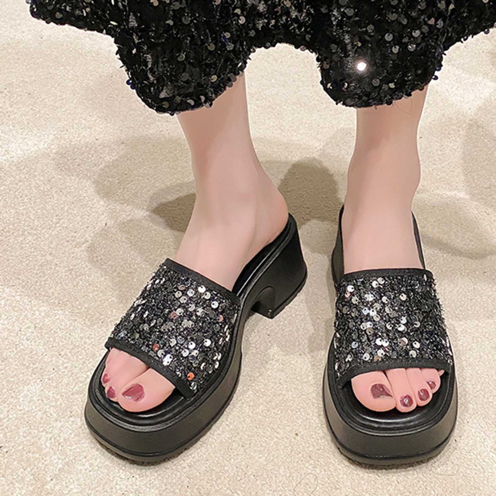 mtvxesu Slides, Women's Summer Heavy-soled Sequin Flip-flops Beach ...