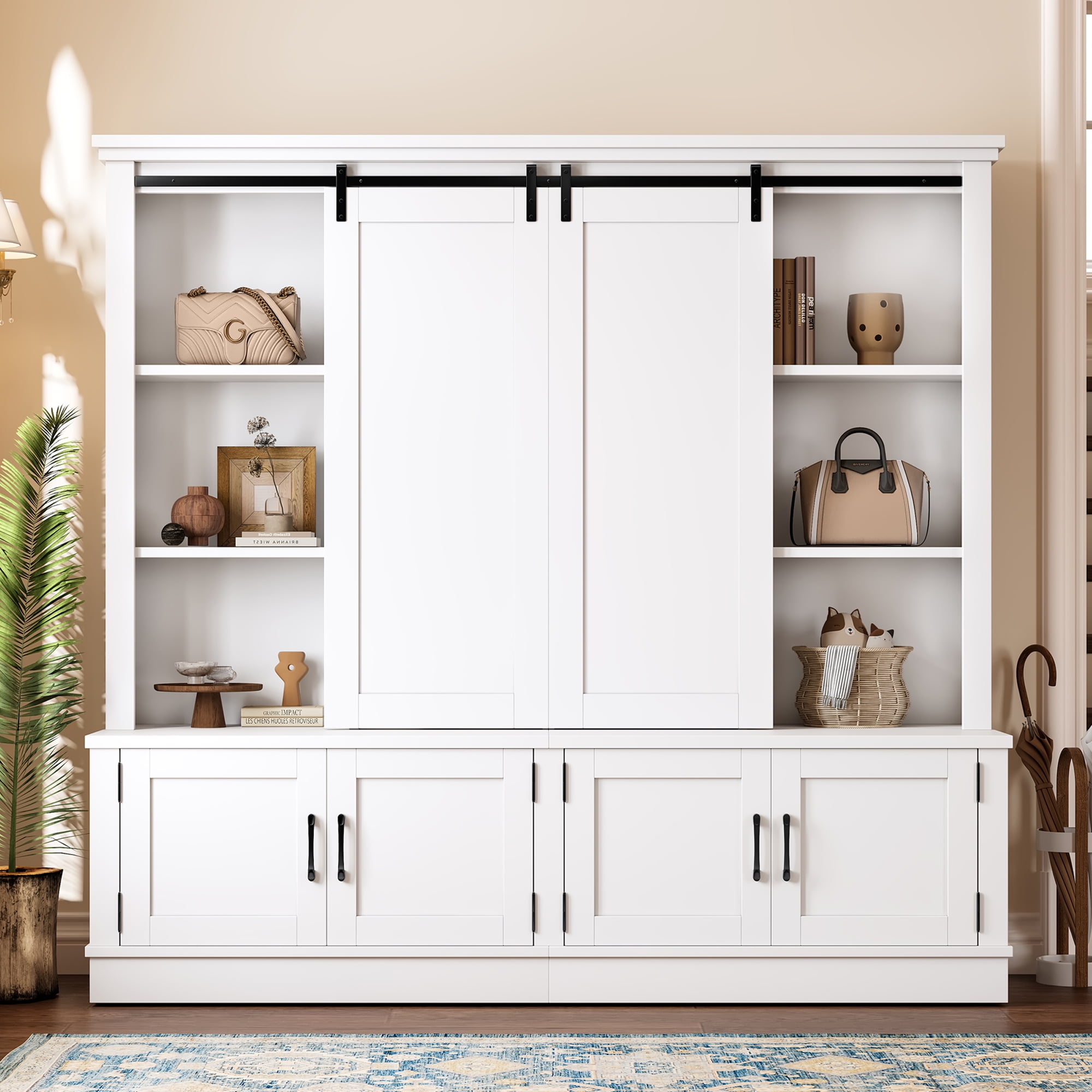 The multifunctional entryway cabinet features sliding rails for ample ...