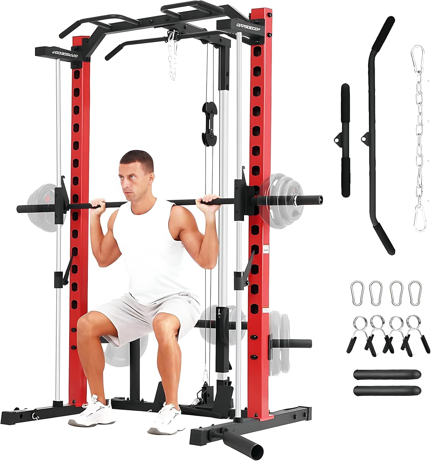 This is a multifunctional power cage for home gyms. It integrates a ...